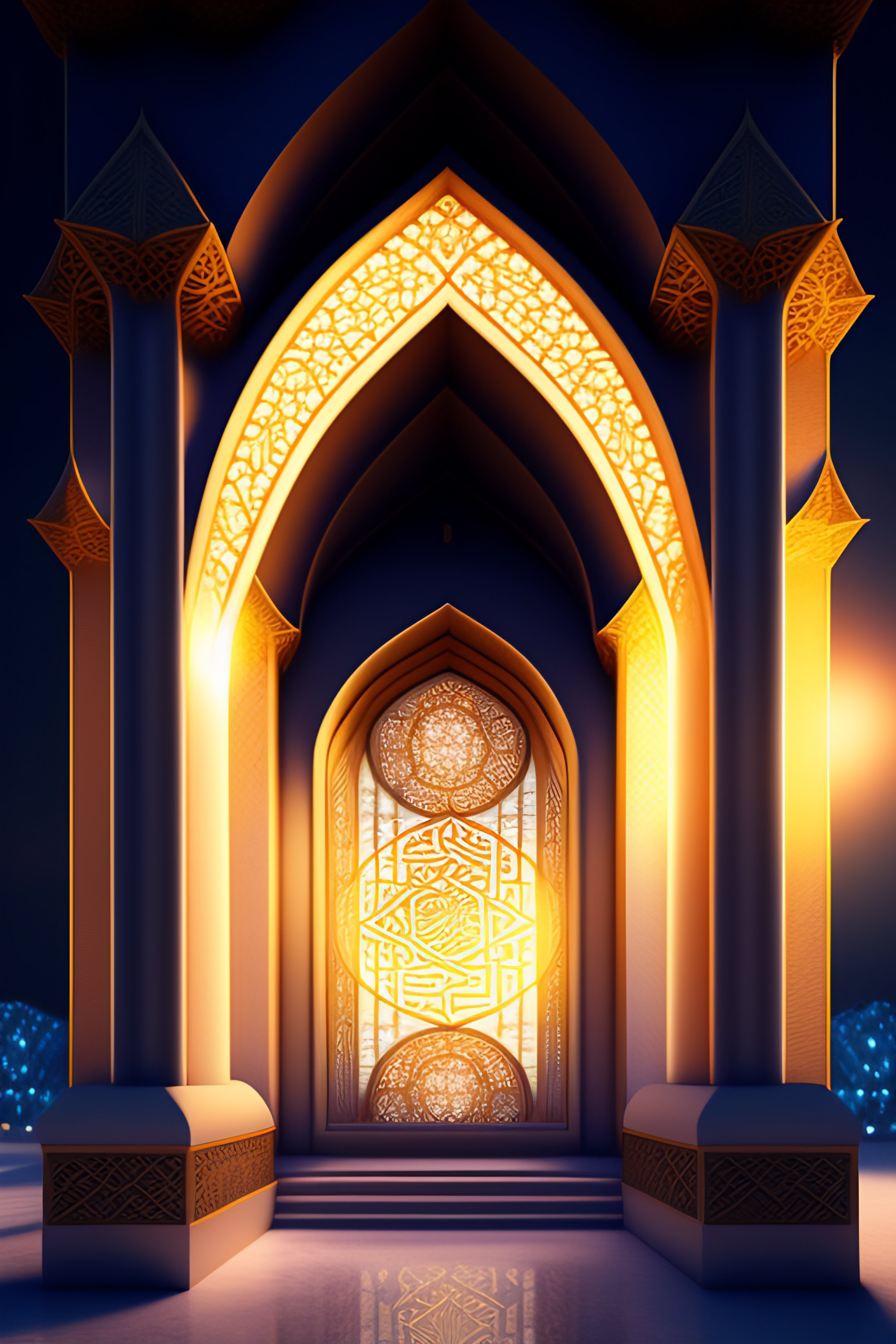 Lexica - Night, symmetrical islamic mosque made of translucent ice ...