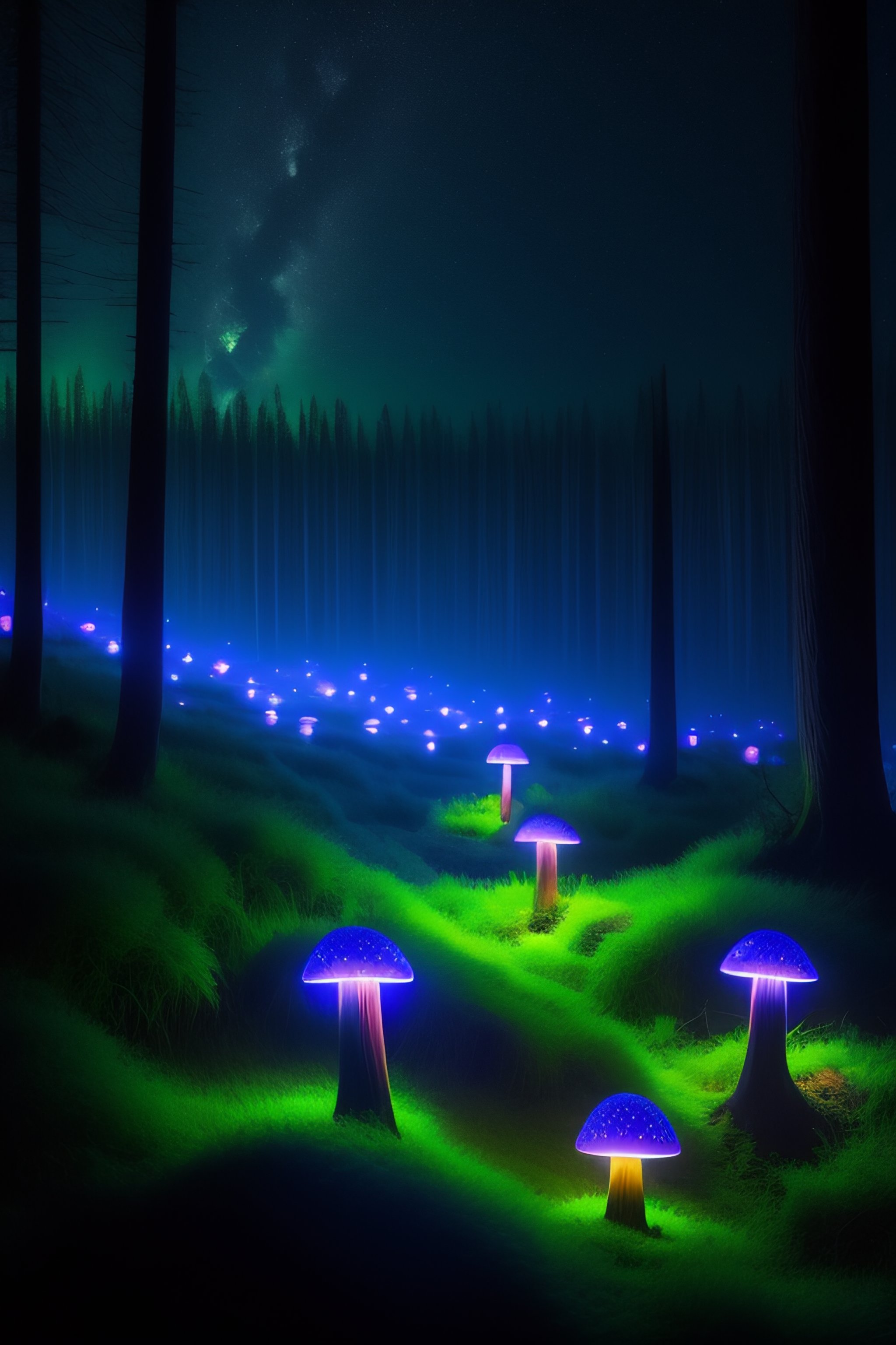 Lexica - Cosmic forest overgrown bioluminescent mushrooms in the moonlight