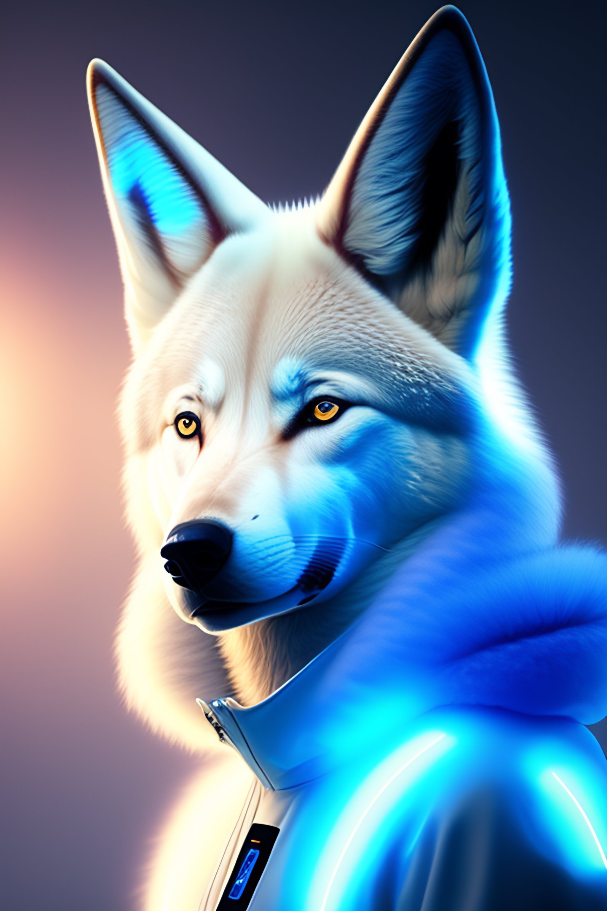Lexica - White protogen with wolf white fur, and glowing blue headphone
