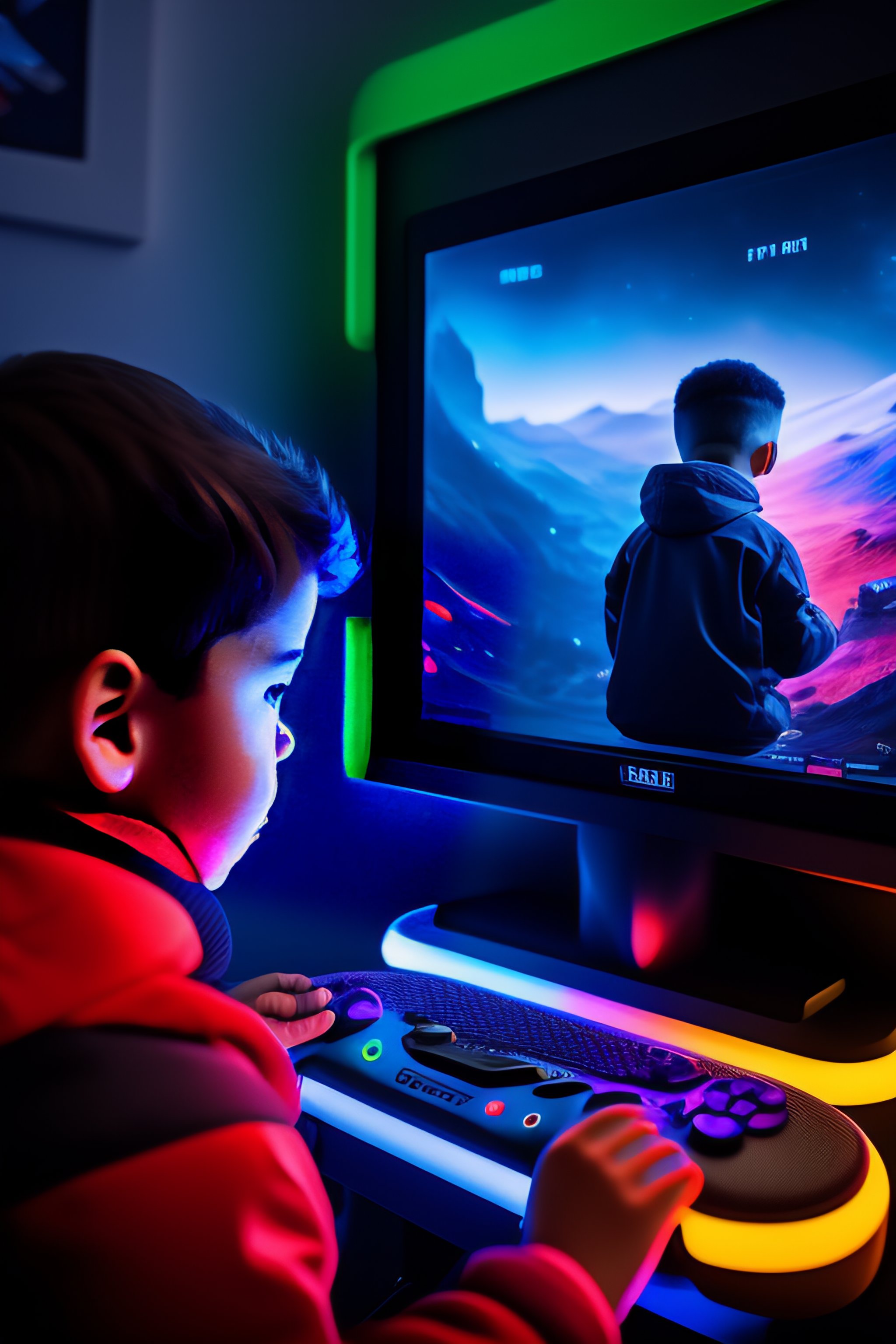 Lexica - A boy playing video games in a cold day rgb room an gaming space