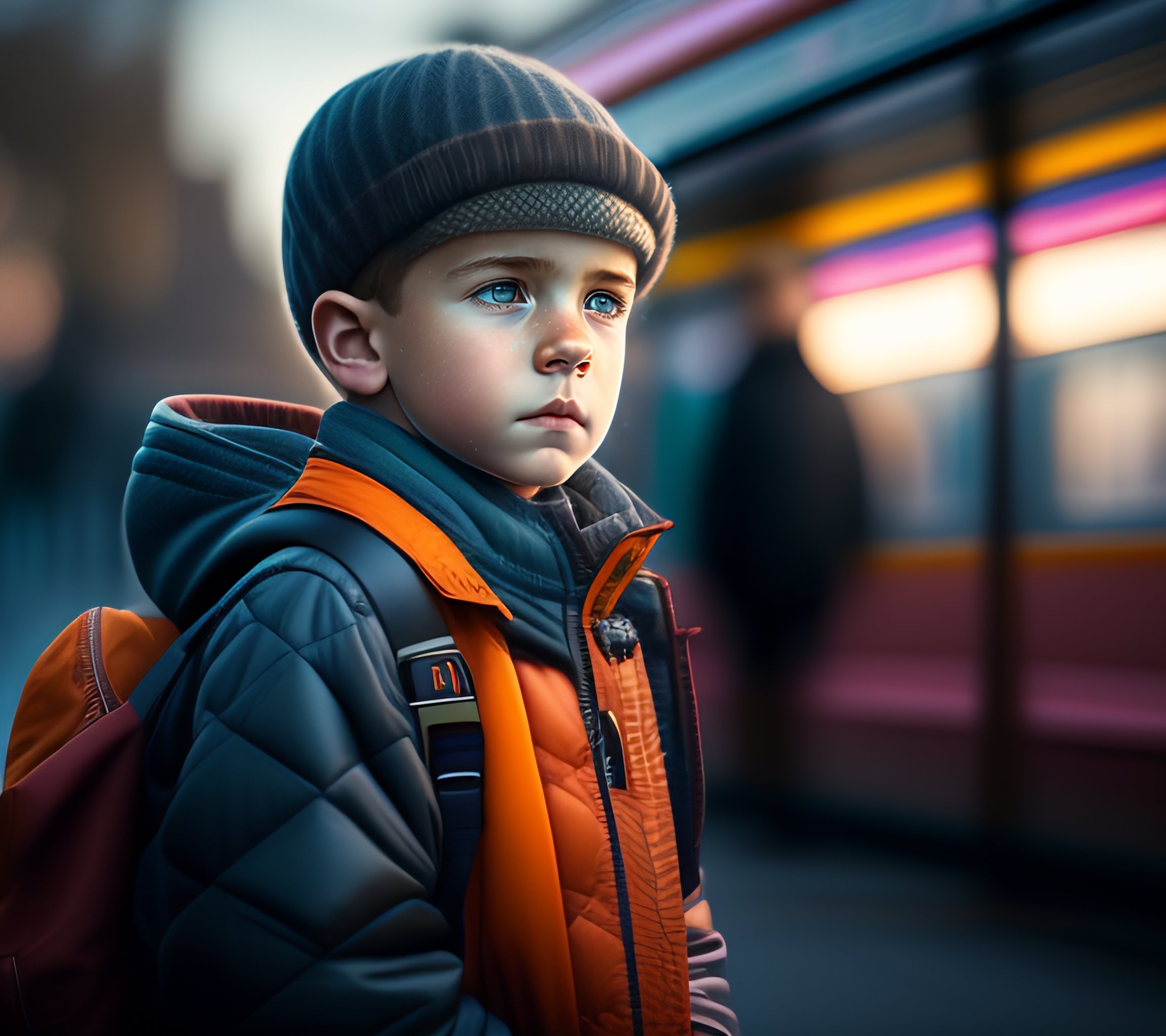 Lexica - A boy with luffing face waiting for bustation wearing huddy ...