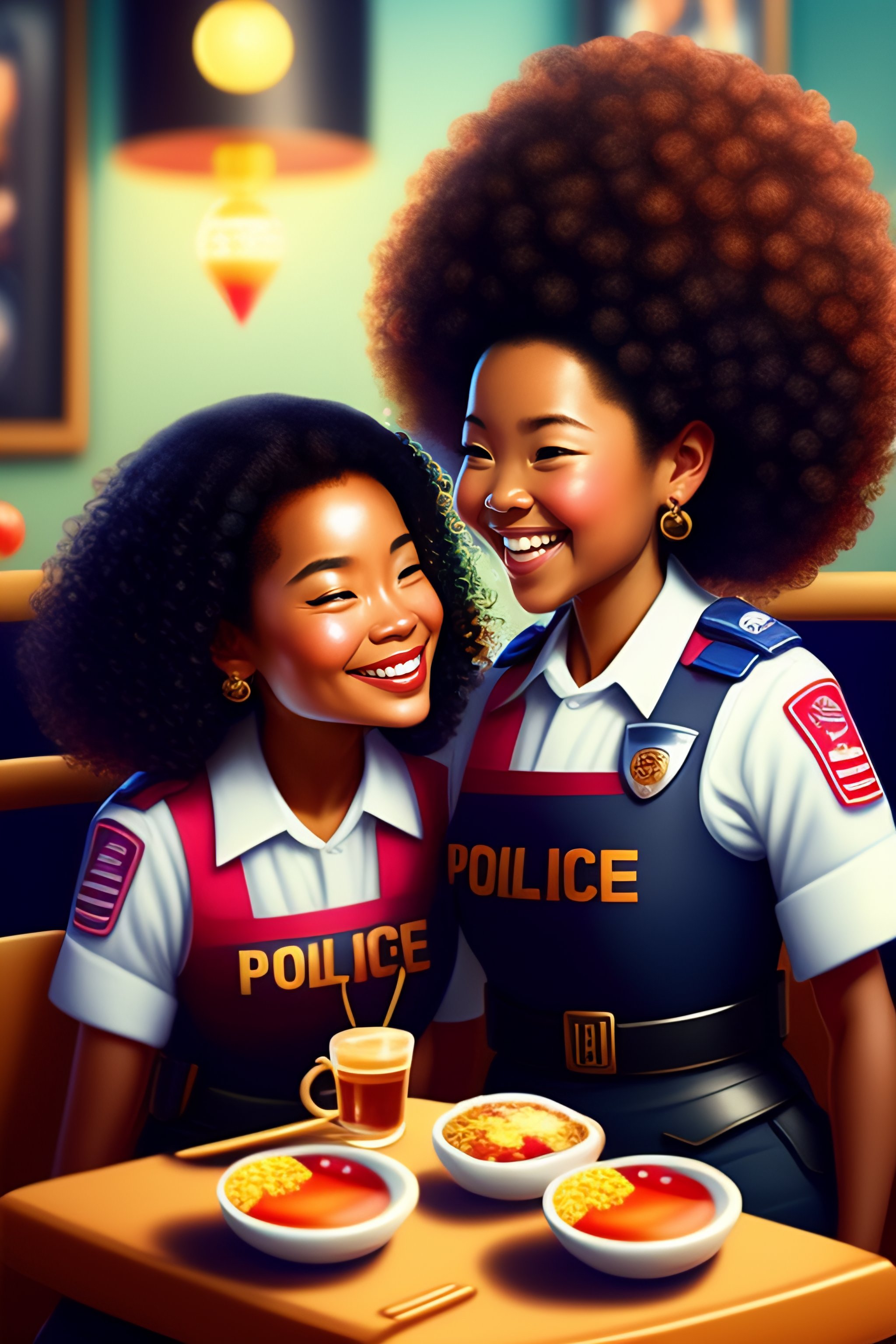 Lexica - Pixar art of two smiling police girls with curly hair eating ...