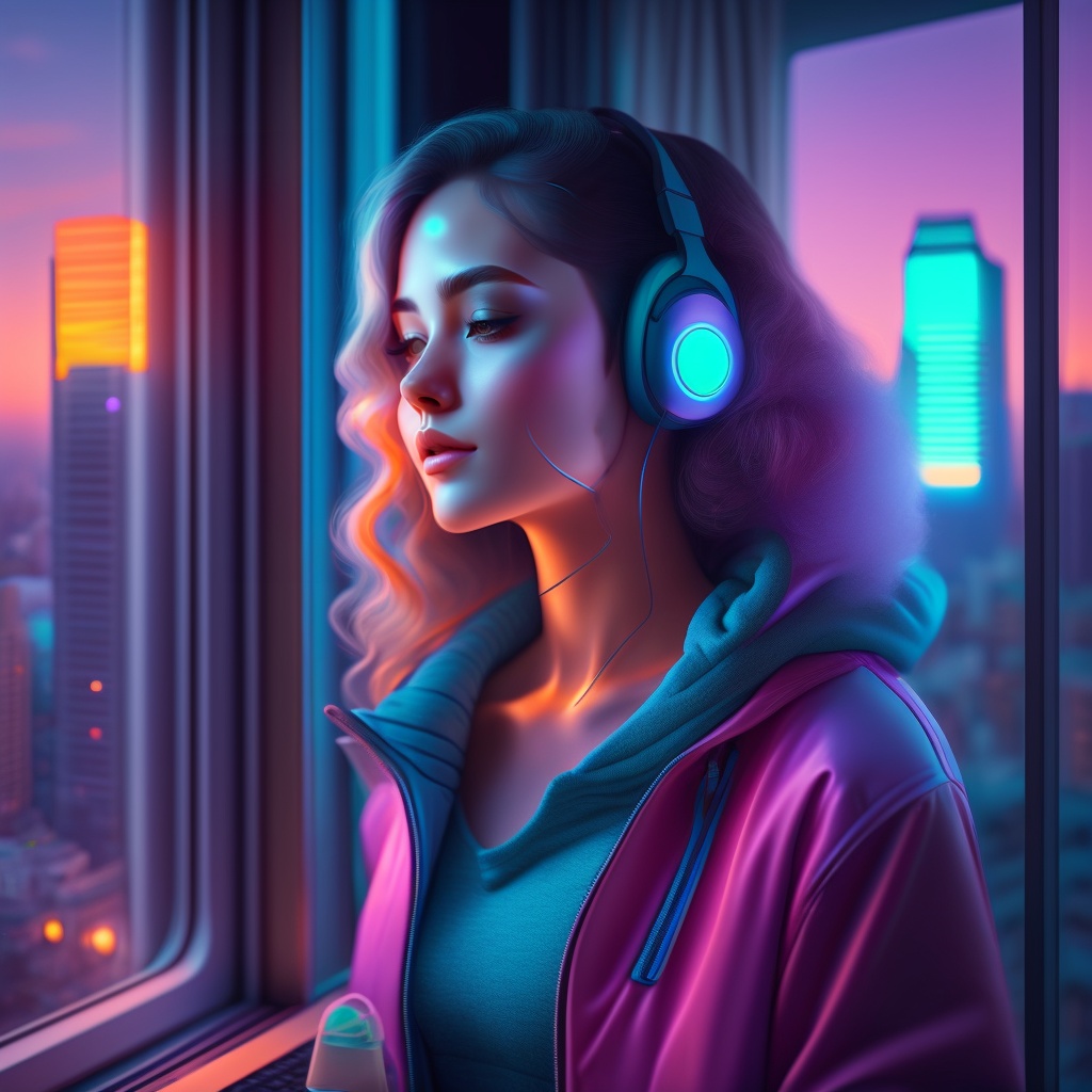 Lexica - Lofi girl in her bedroom, at night, big windows, listening to ...