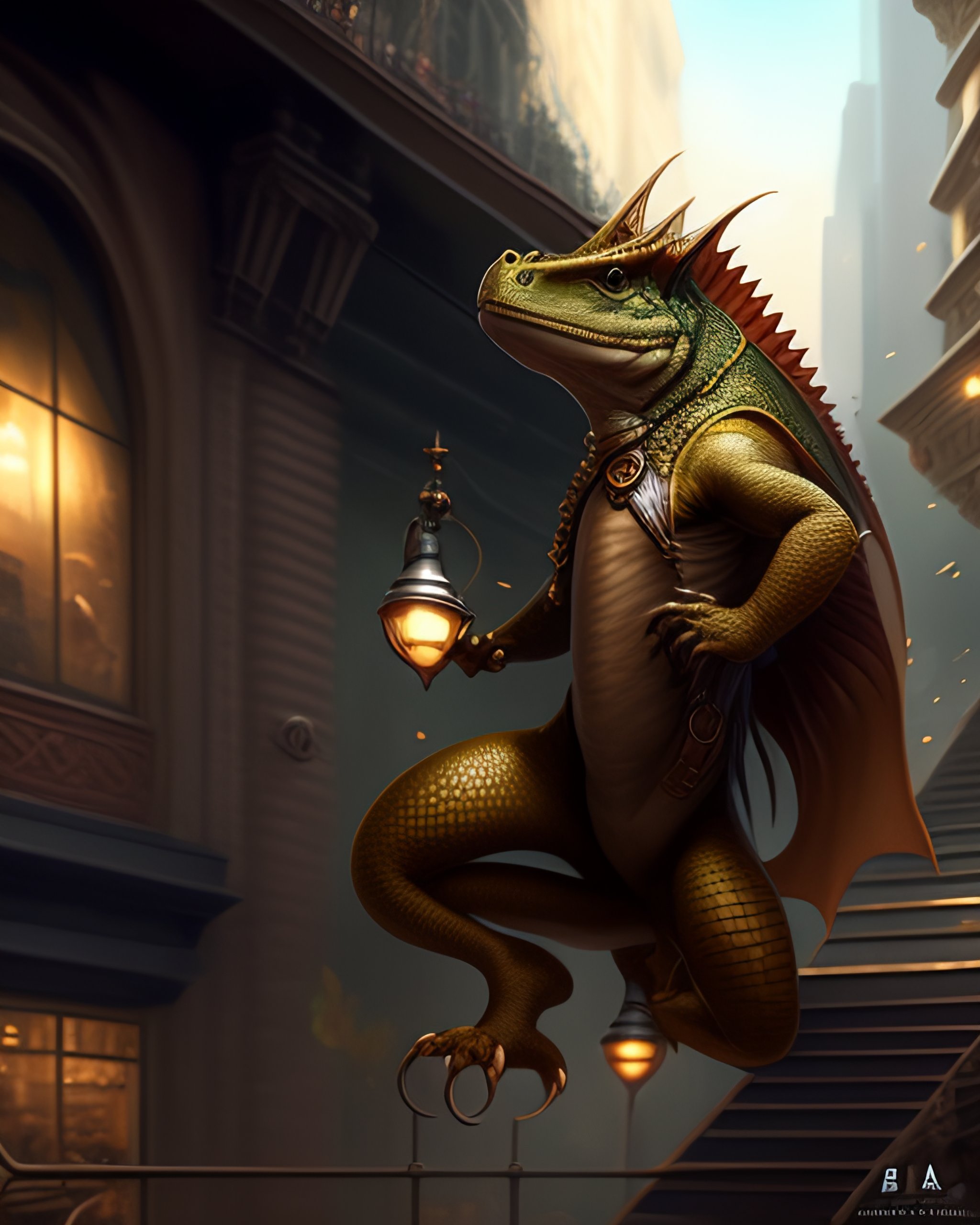Lexica - Lizardman jumping from steampunk building, highly detailed ...