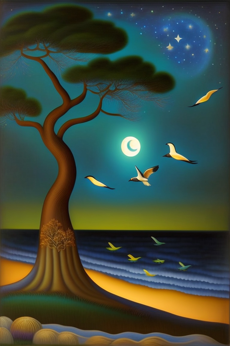 Lexica - Tree with birds , moonlight , full moon, picasso