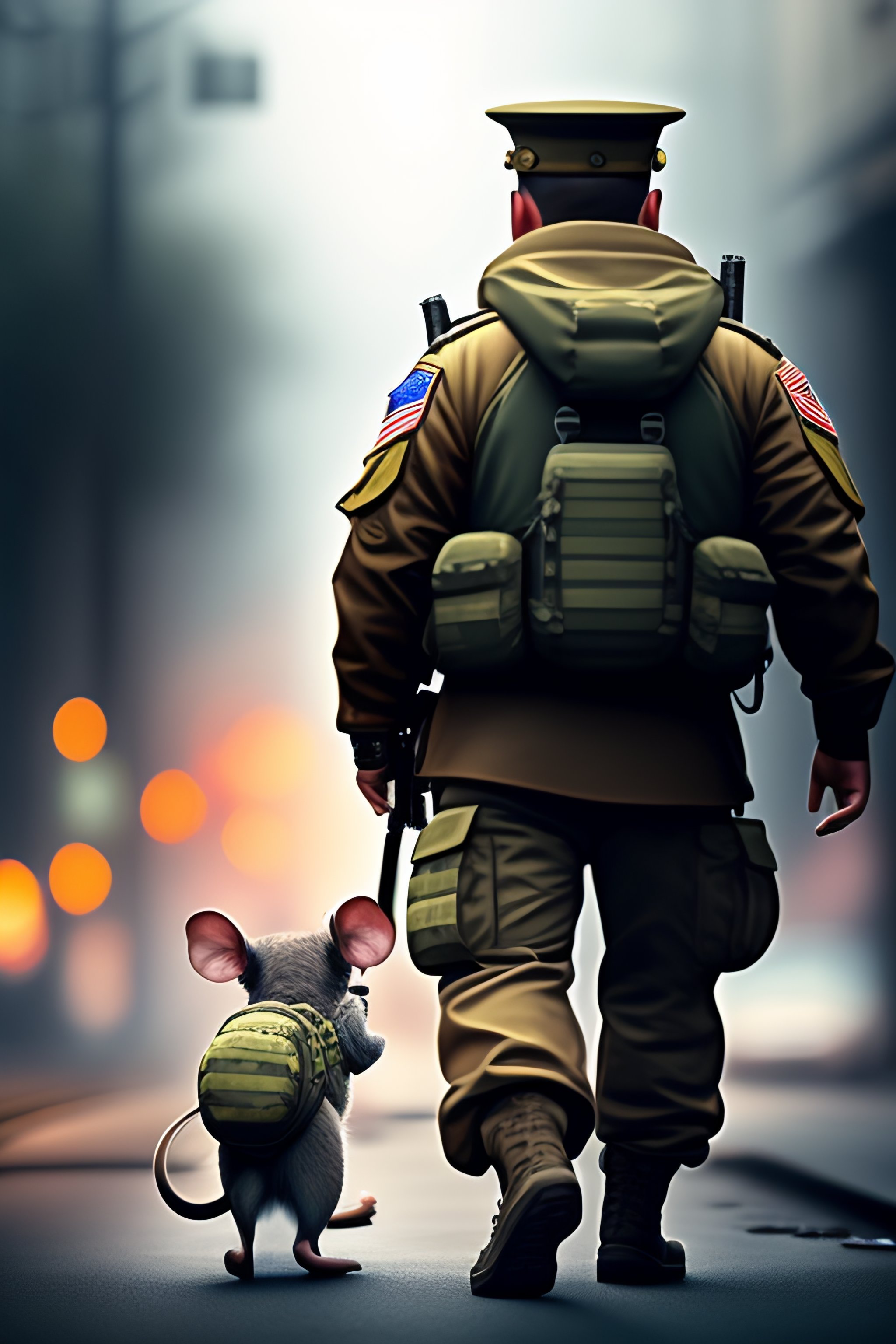 Lexica - A military rat with a machine gun walking with a baby by an ...