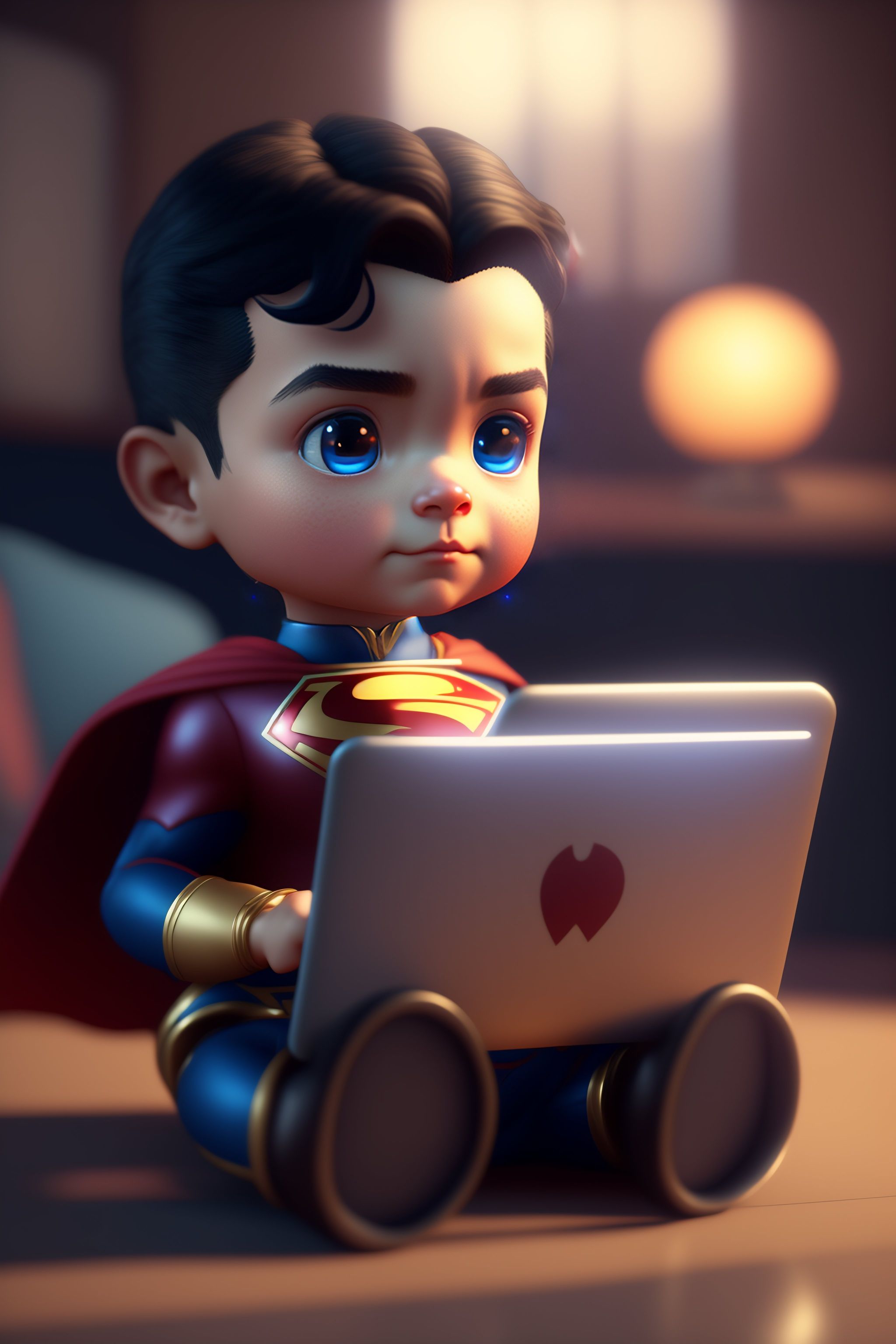 Lexica - Cute small humanoid superman sitting in front of laptop ...