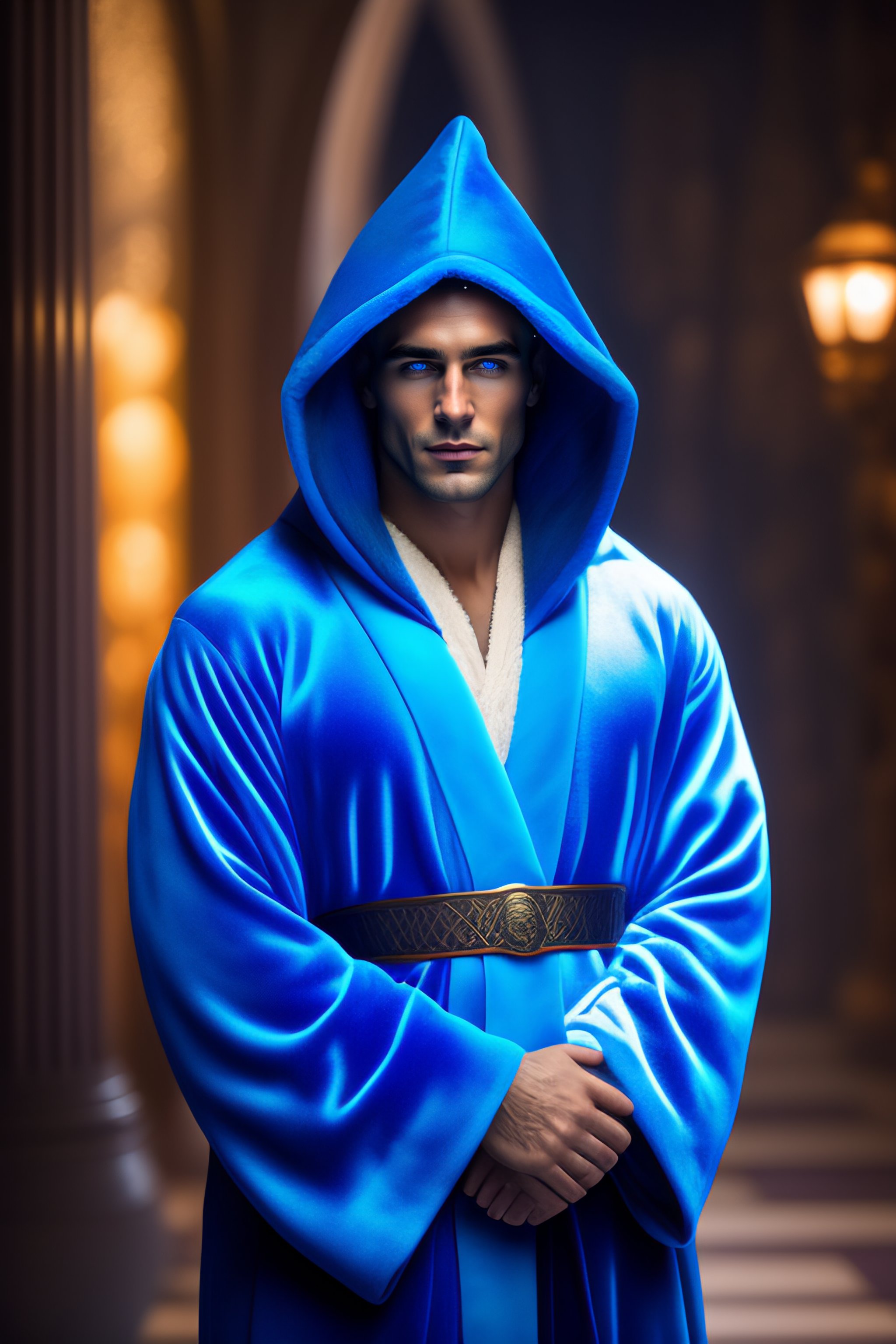 Lexica - 32 age old beardless male wizard with blue robe and hoodie ...