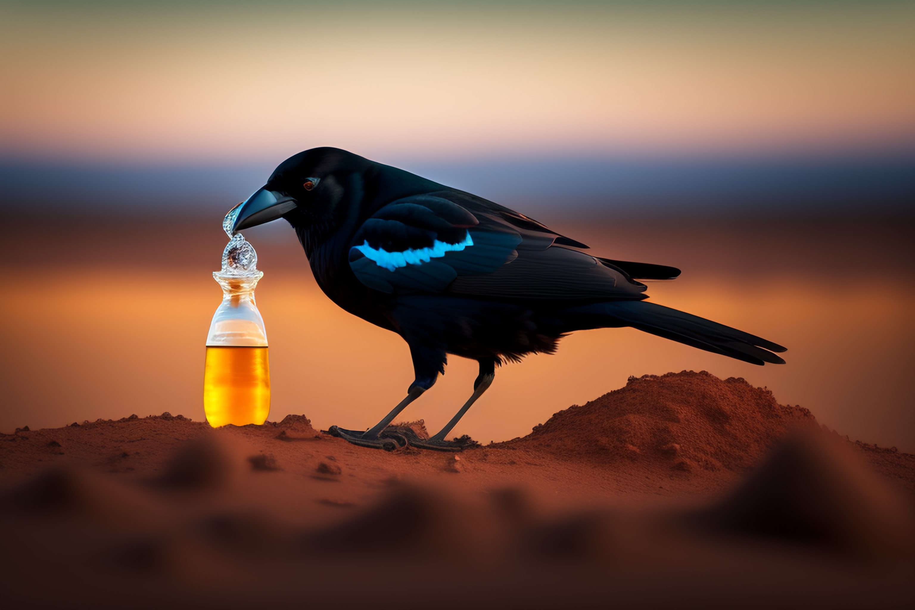 Lexica - Crow drinking a plastic bottle water, desert, high detail ...