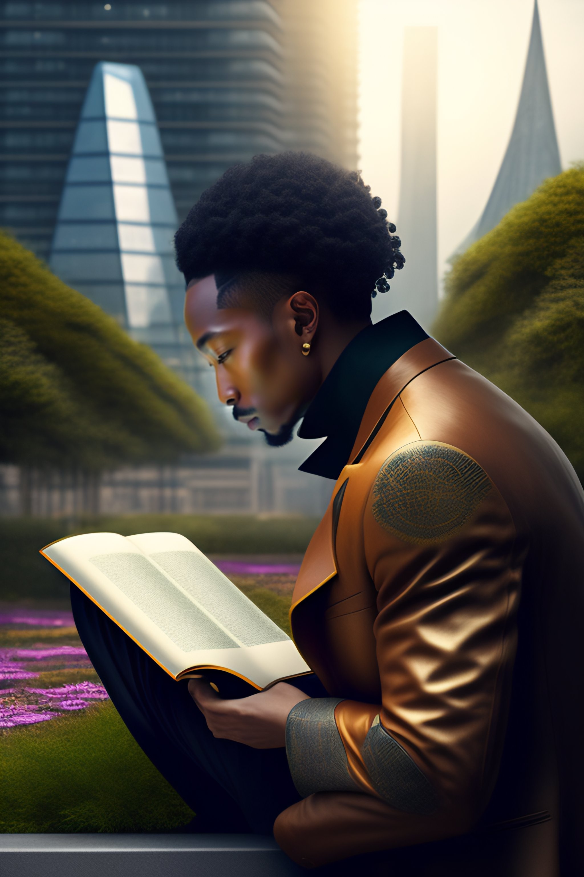 Lexica - Man dress in solarpunk fashion reading a book with background ...