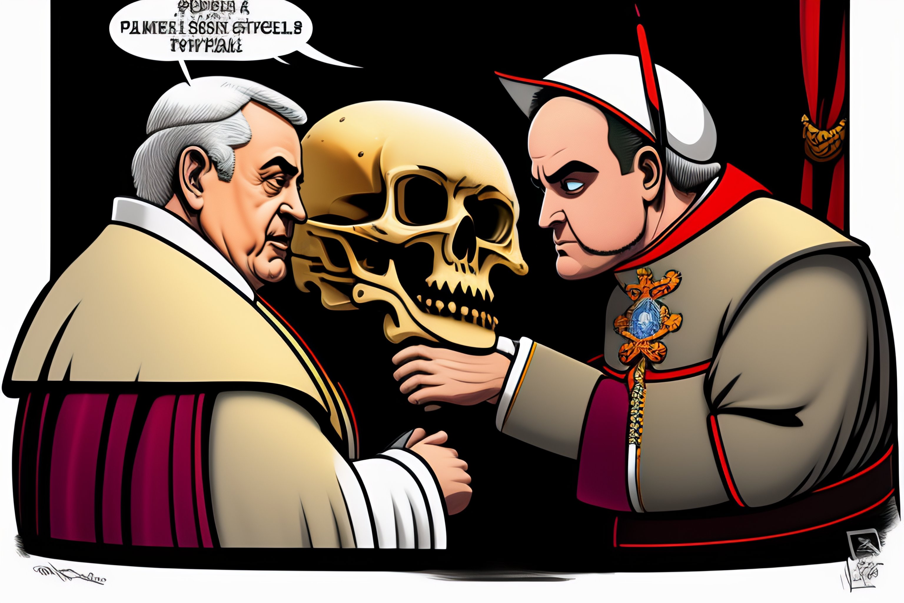 Lexica - Pope Benoit XVI fighting skulls in cartoon style