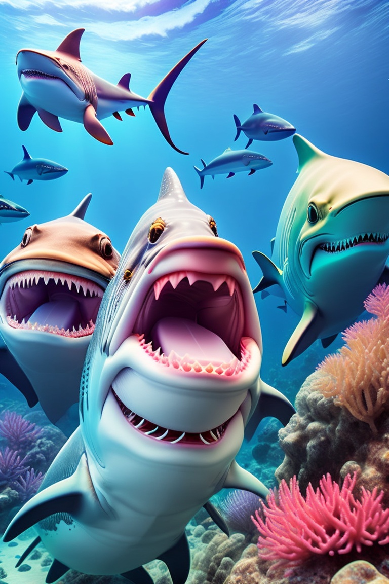 Lexica - Selfie of a group of sharks taken in the ocean at a coral reef ...