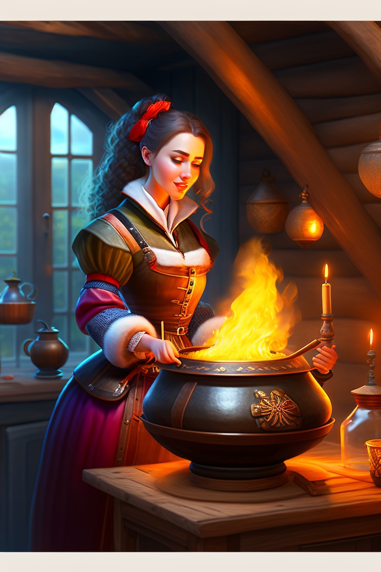 Lexica - Beautiful female alchemist in a thatched cottage preparing a ...