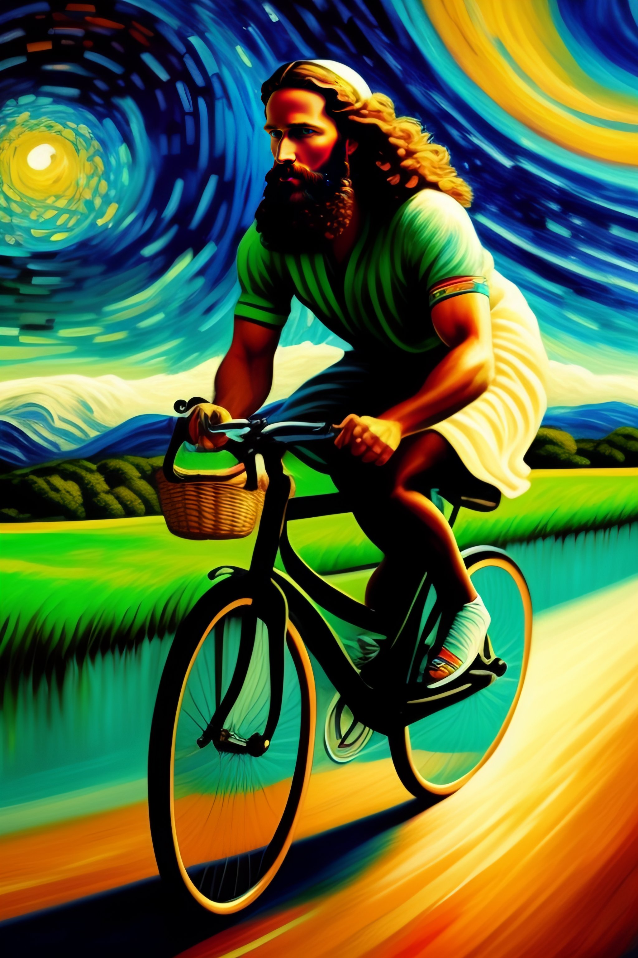 Lexica - Jesus riding a bicycle. Van gogh. centered