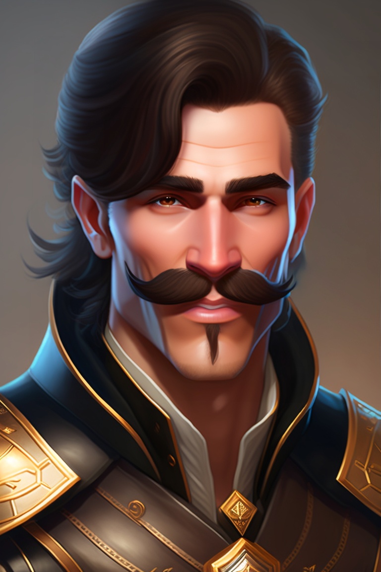 Lexica - Black leather brigantine, mustache, black hair, cocky face ...