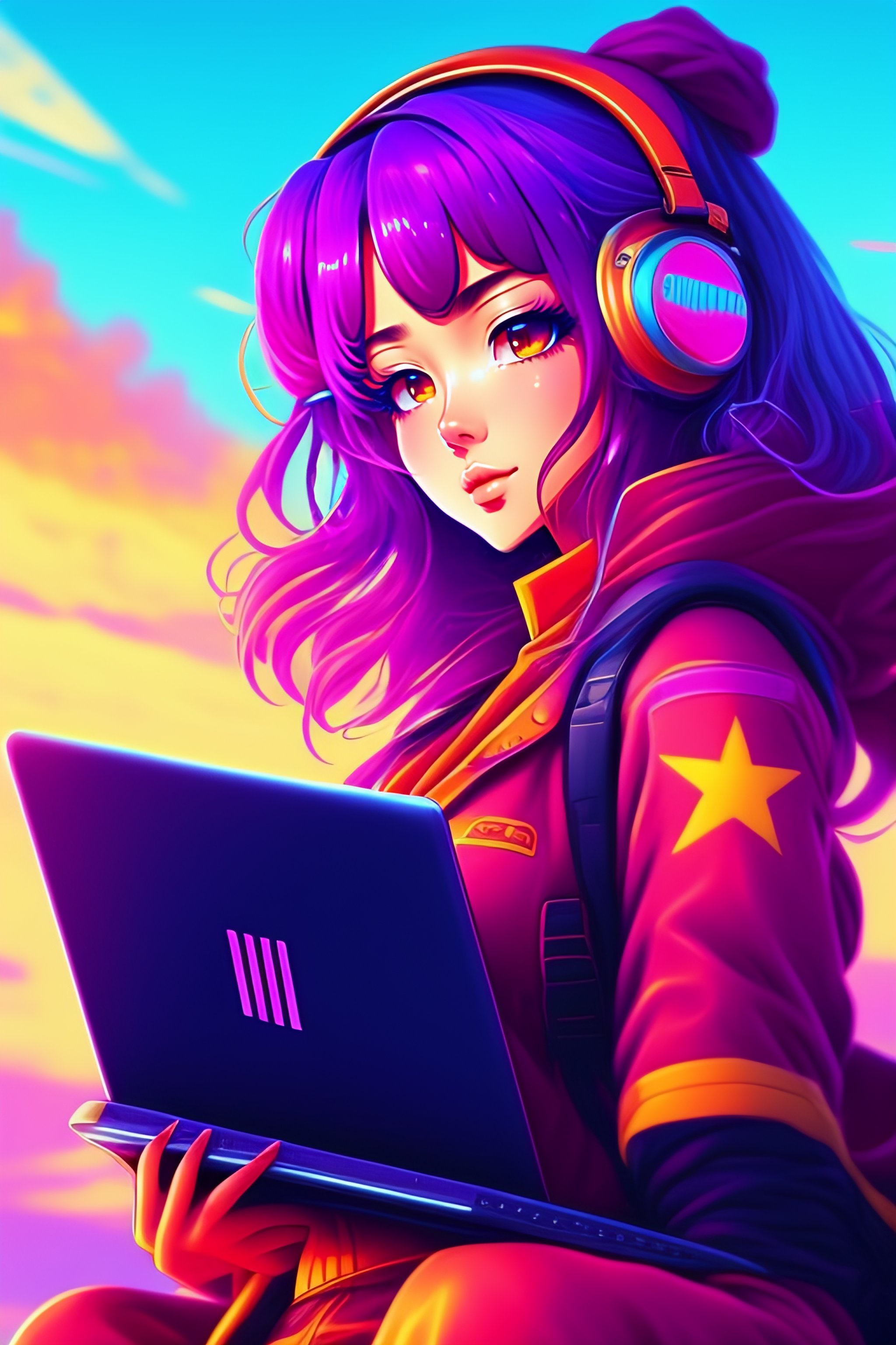 Lexica - Synthwave anime girl working on a laptop warm colours, digital ...