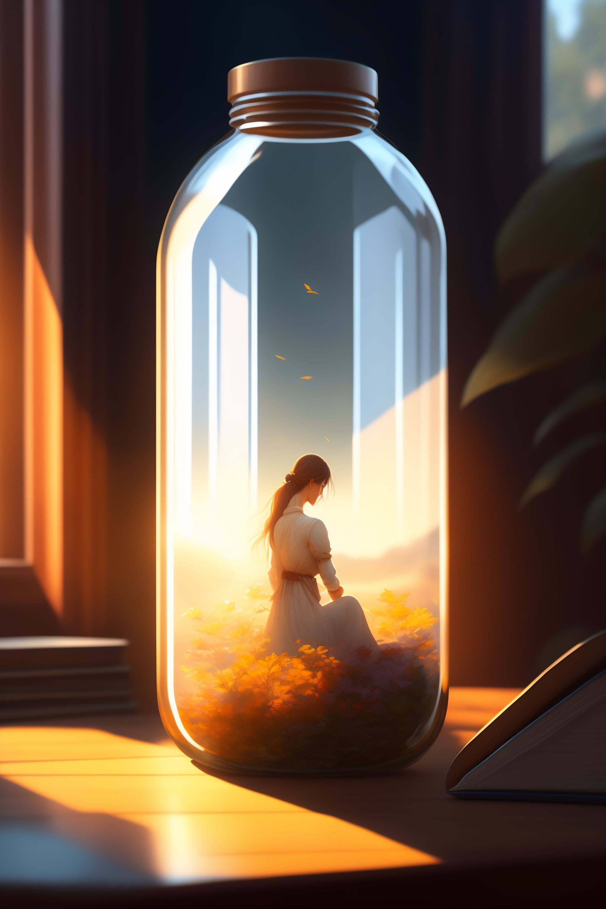 Lexica - A woman inside of a glass bottle on a messy brown table ...