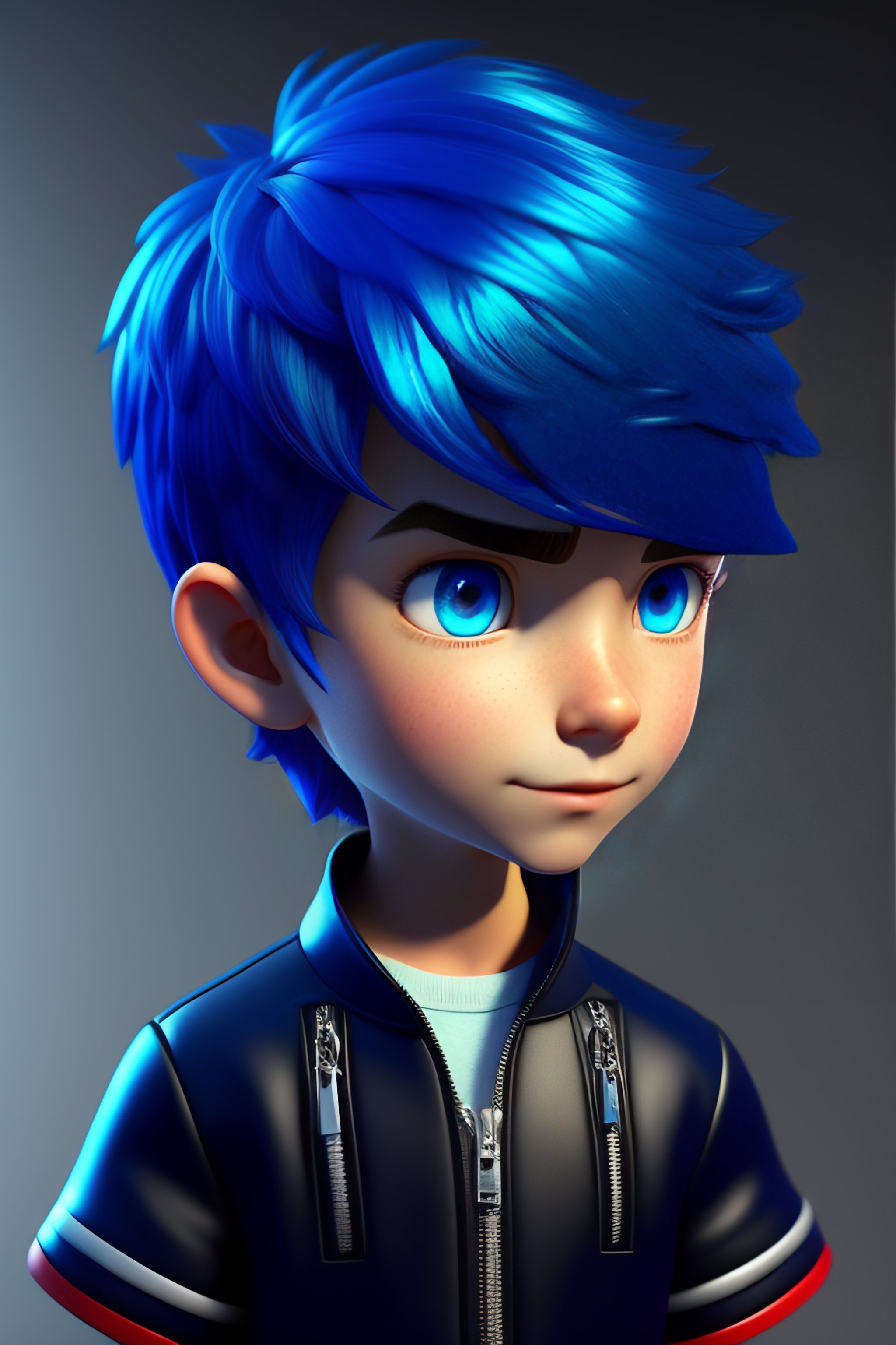 Lexica - Blue hair boy in black zipper top, pixar style, 3d style ...