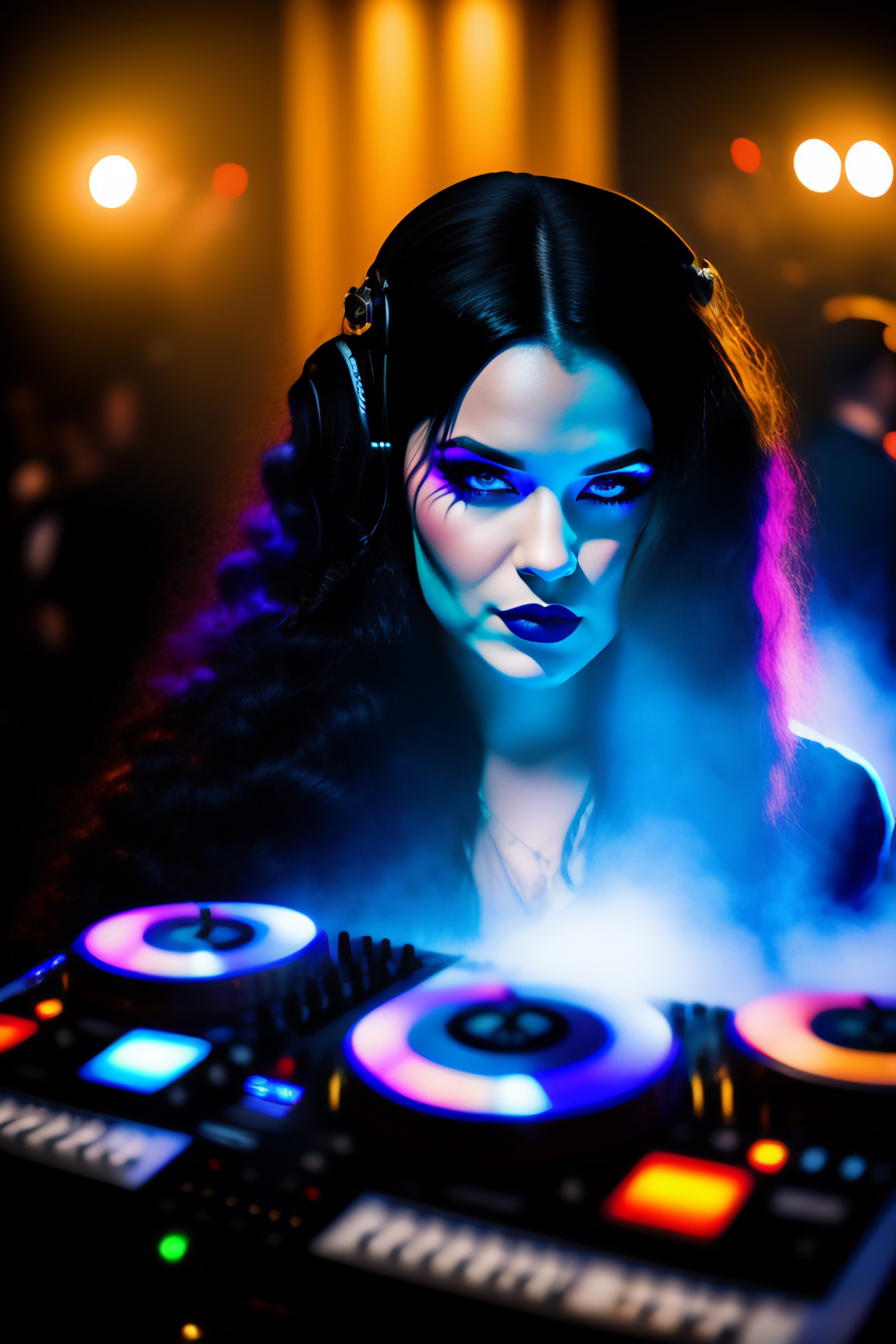 Lexica - Picture of a female goth dj'ing with black hair with blue streaks