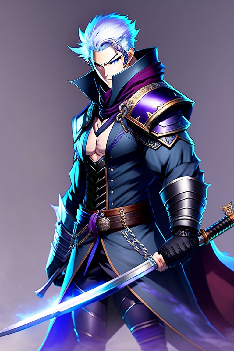 Lexica - A white-haired swordsman with bright blue eyes, wearing a ...