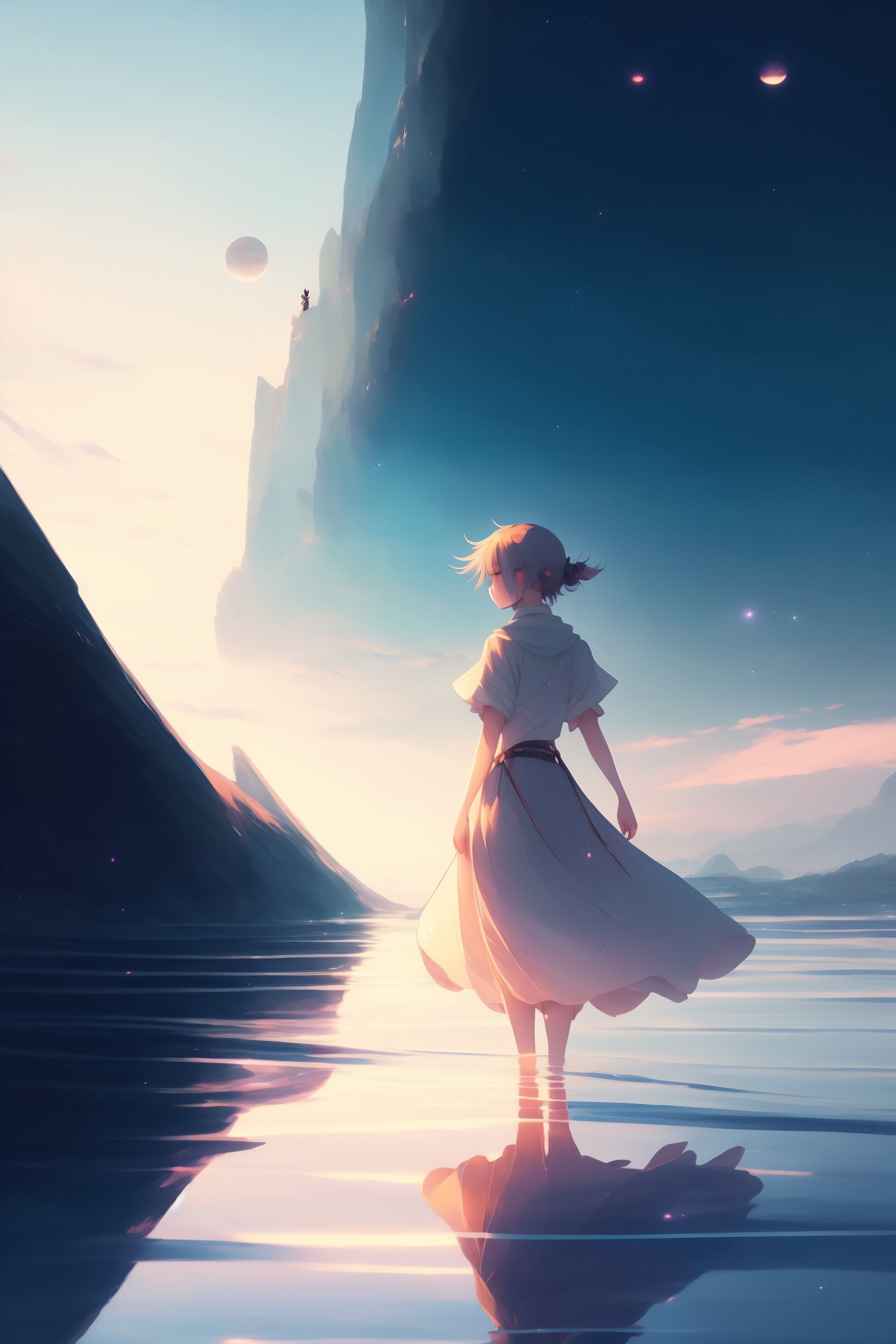 Lexica - Anime girl walking on water, ripples, backdrop of dawn, saturn ...
