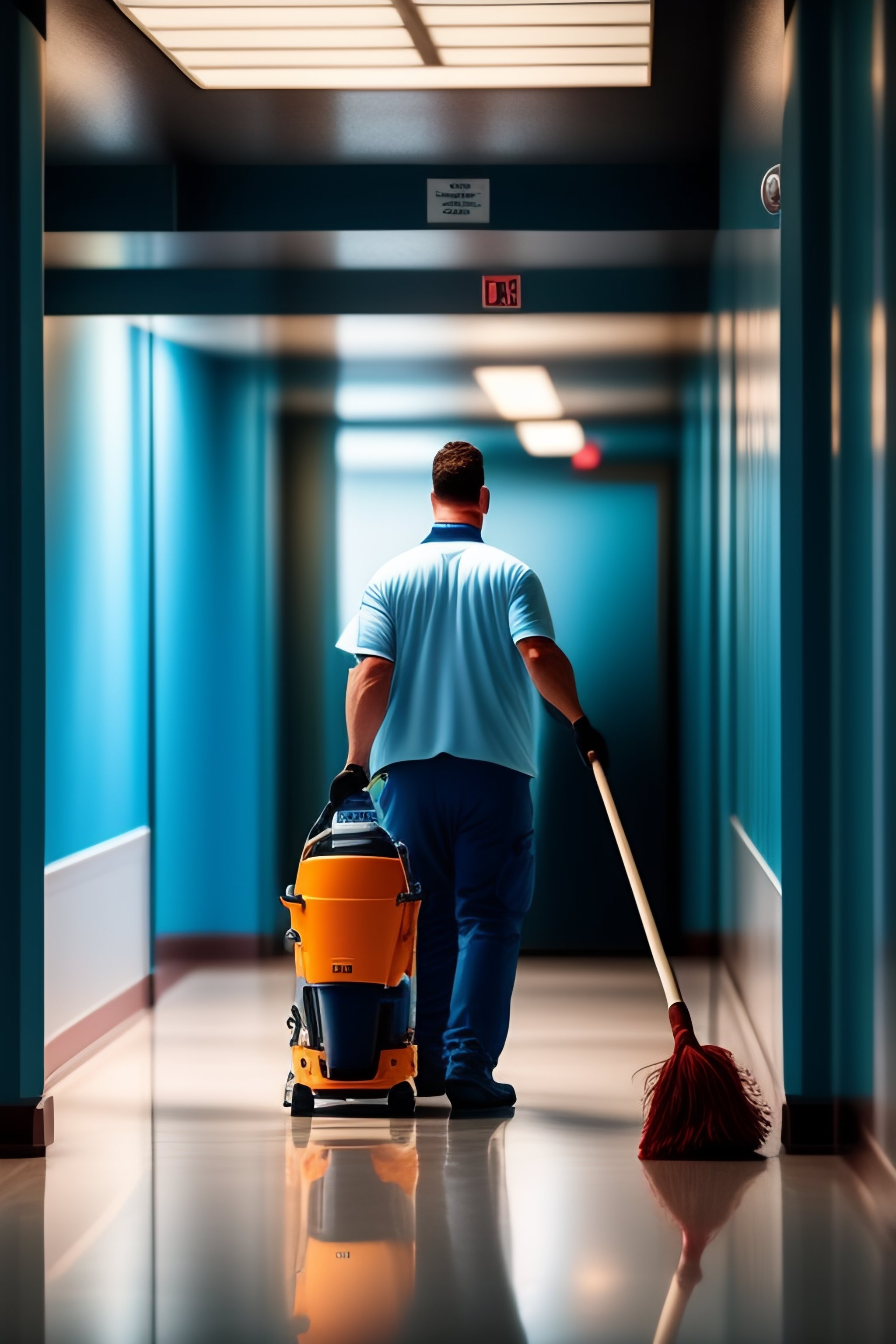 Lexica - White male janitor mopping school hallway floor, thick build ...