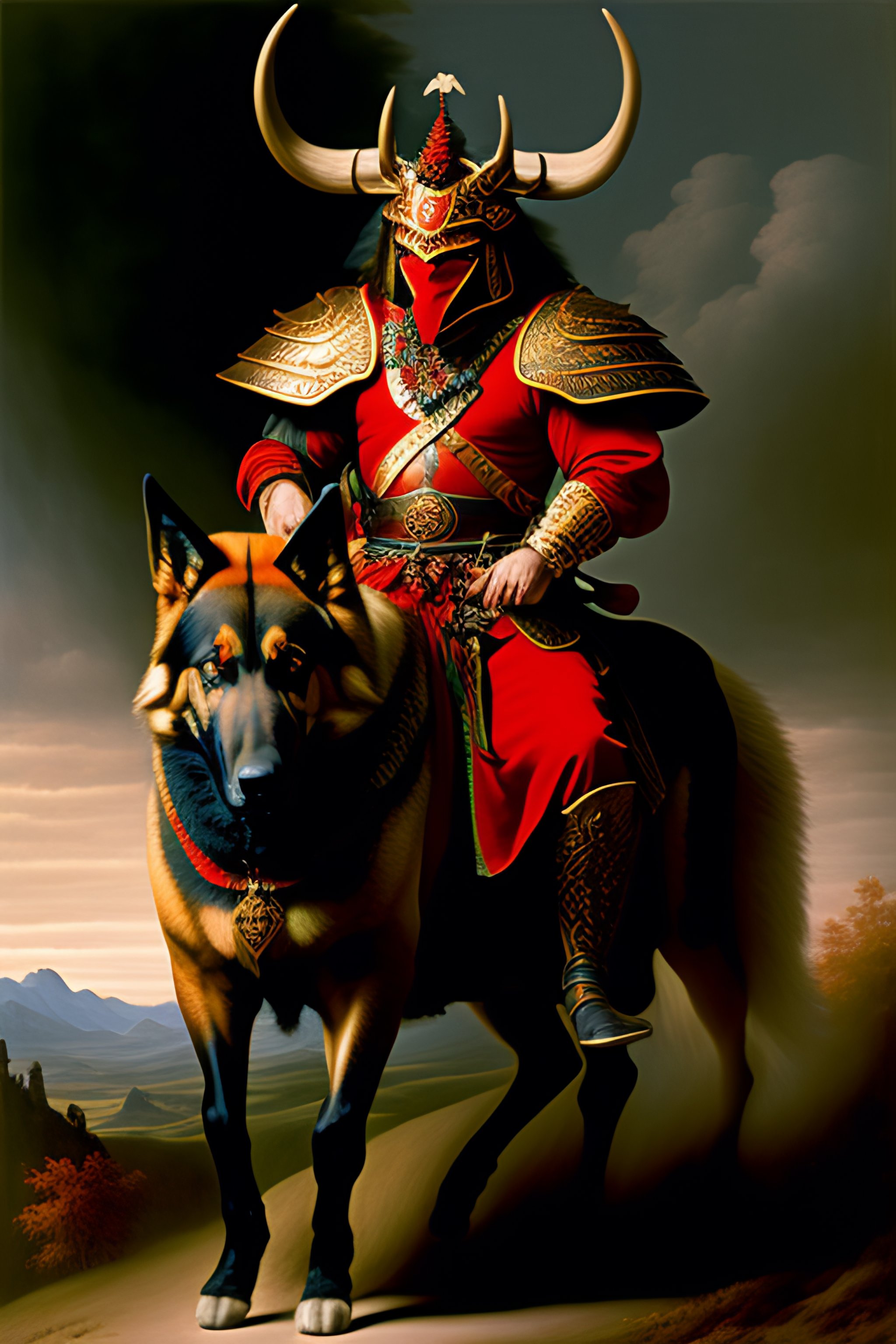 Lexica - A oni riding a German Shepherd, oni mask, deer horns, clavicus ...