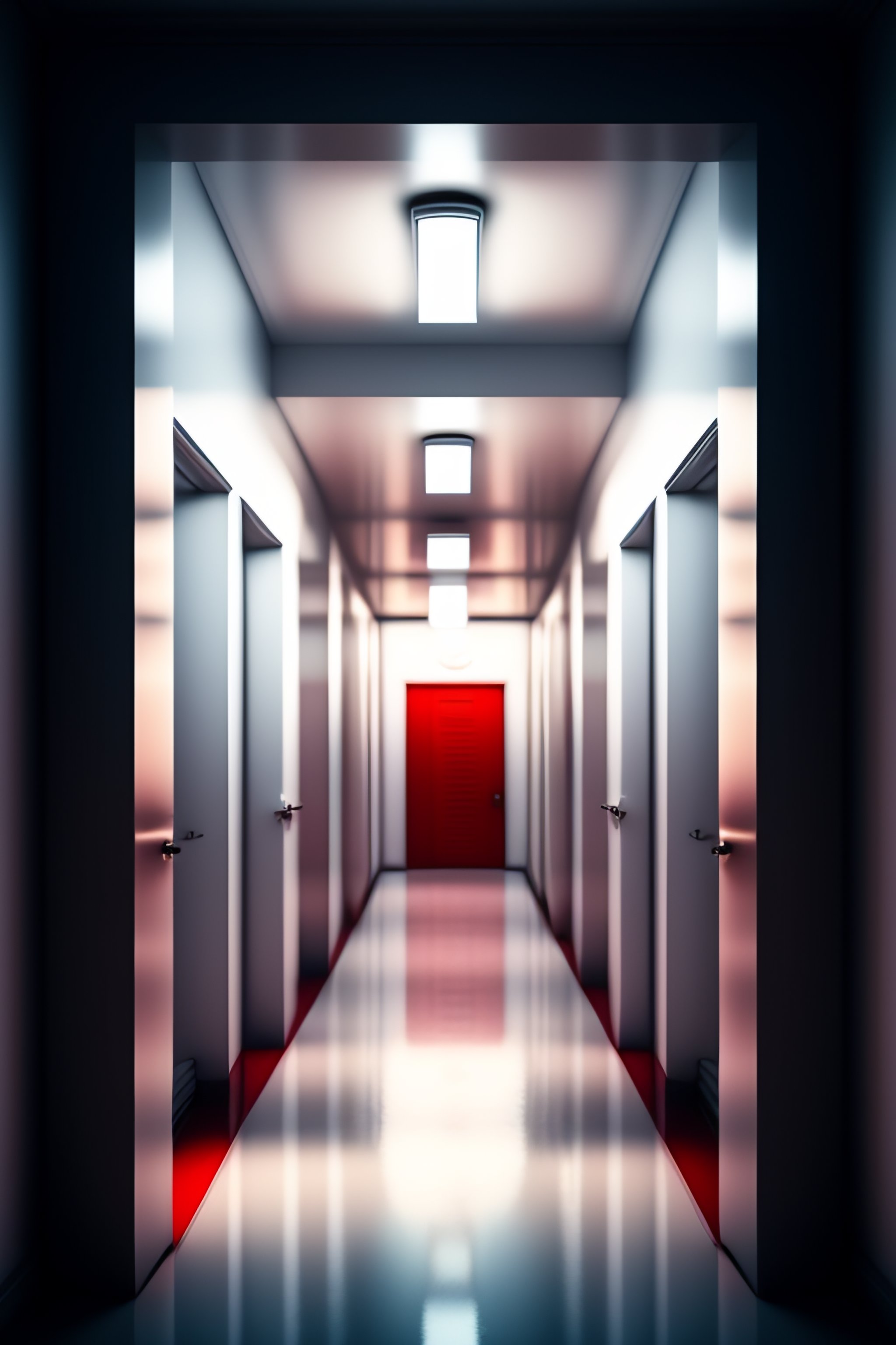 Lexica - A very long featureless white hallway with a single red door ...