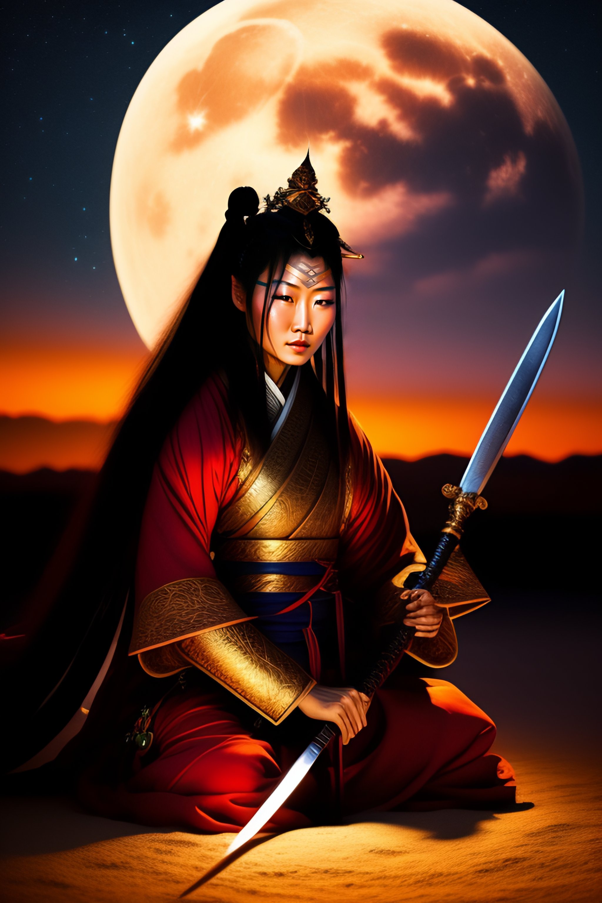 Lexica - Asian samurai woman with sword sitting in the moonlight