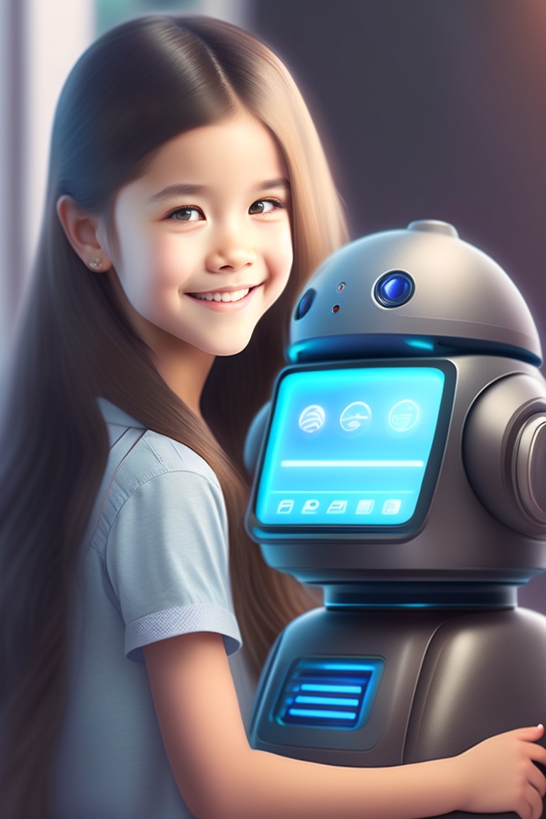 Lexica - Cute young girl with a robot, beautiful smile