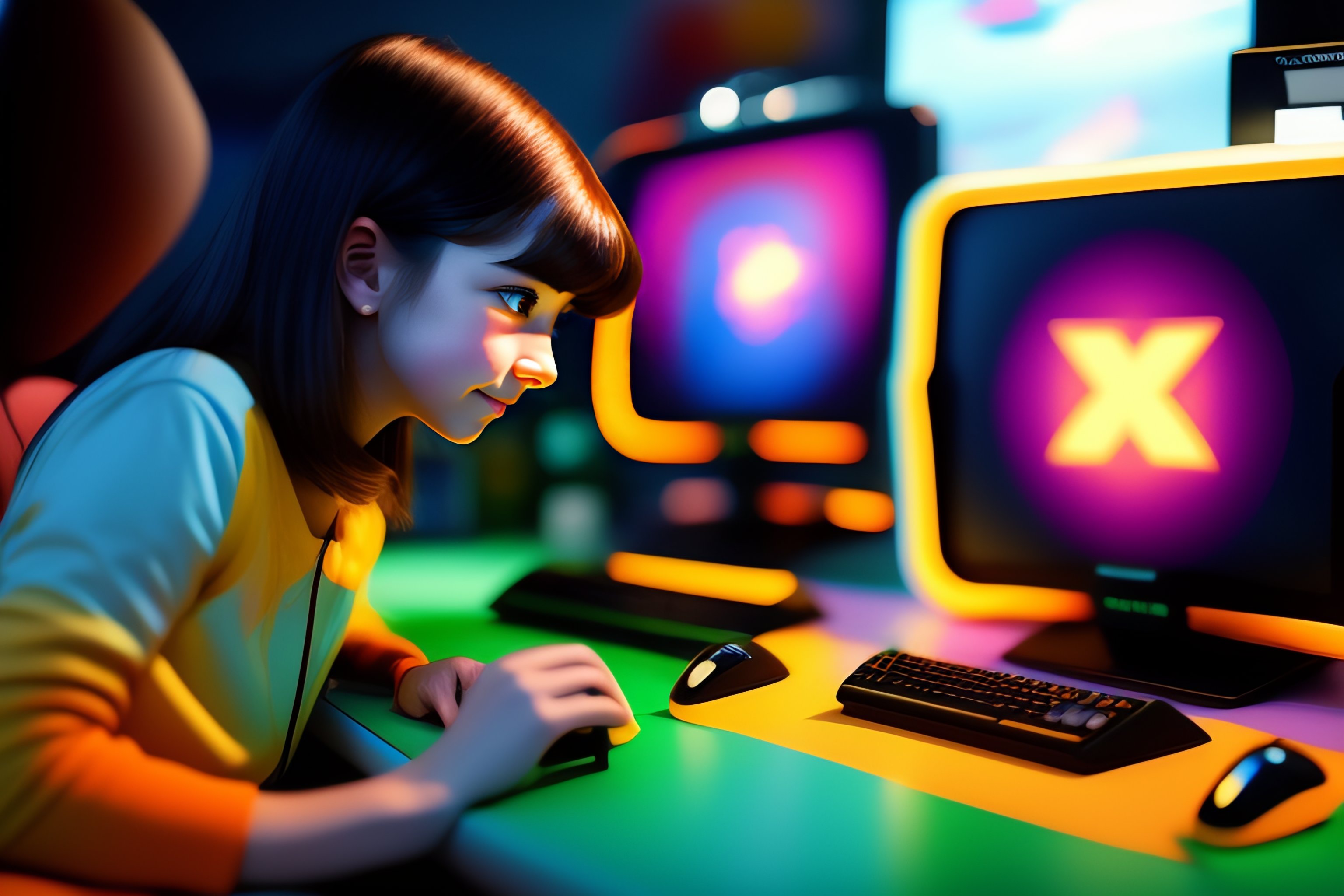 Lexica - Bright Pixar art girl playing computer games, where the ...