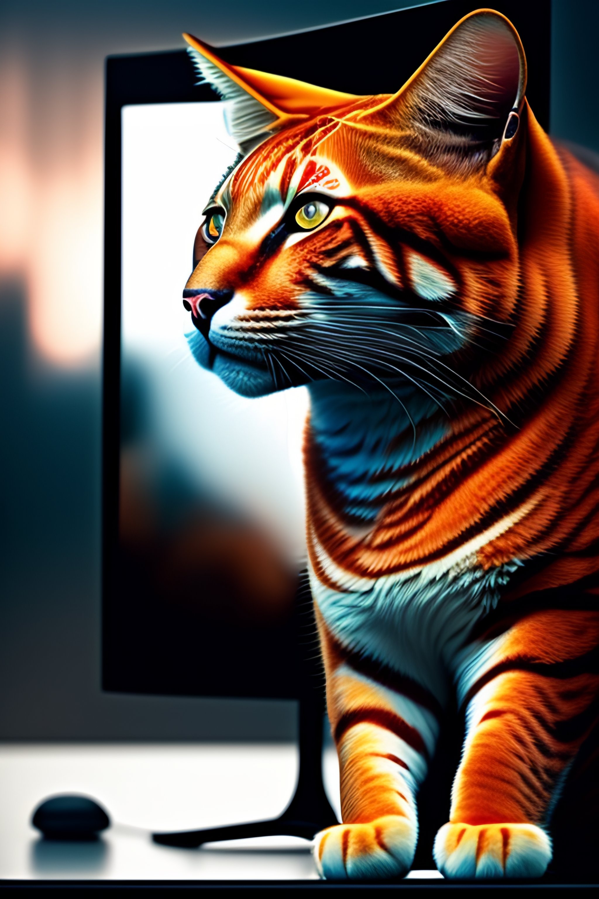 Lexica - Red tiger cat blogging against a PC display.