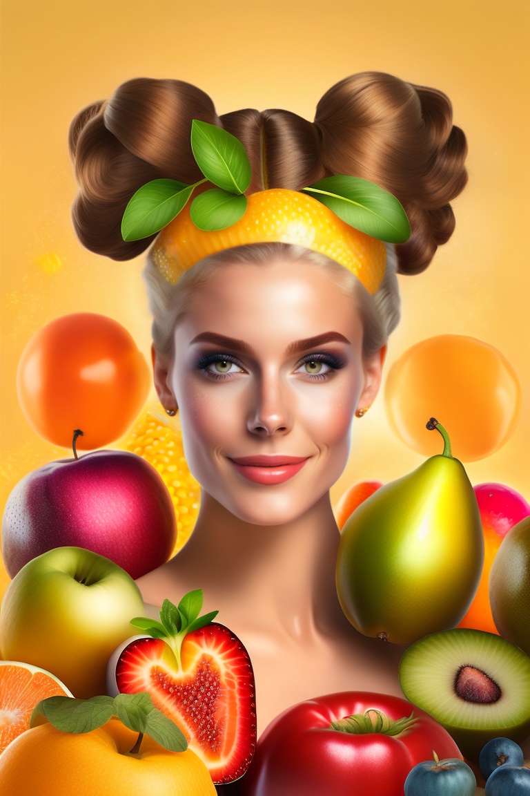 Lexica - White girl model with fruits in hair, expressive look, on a ...