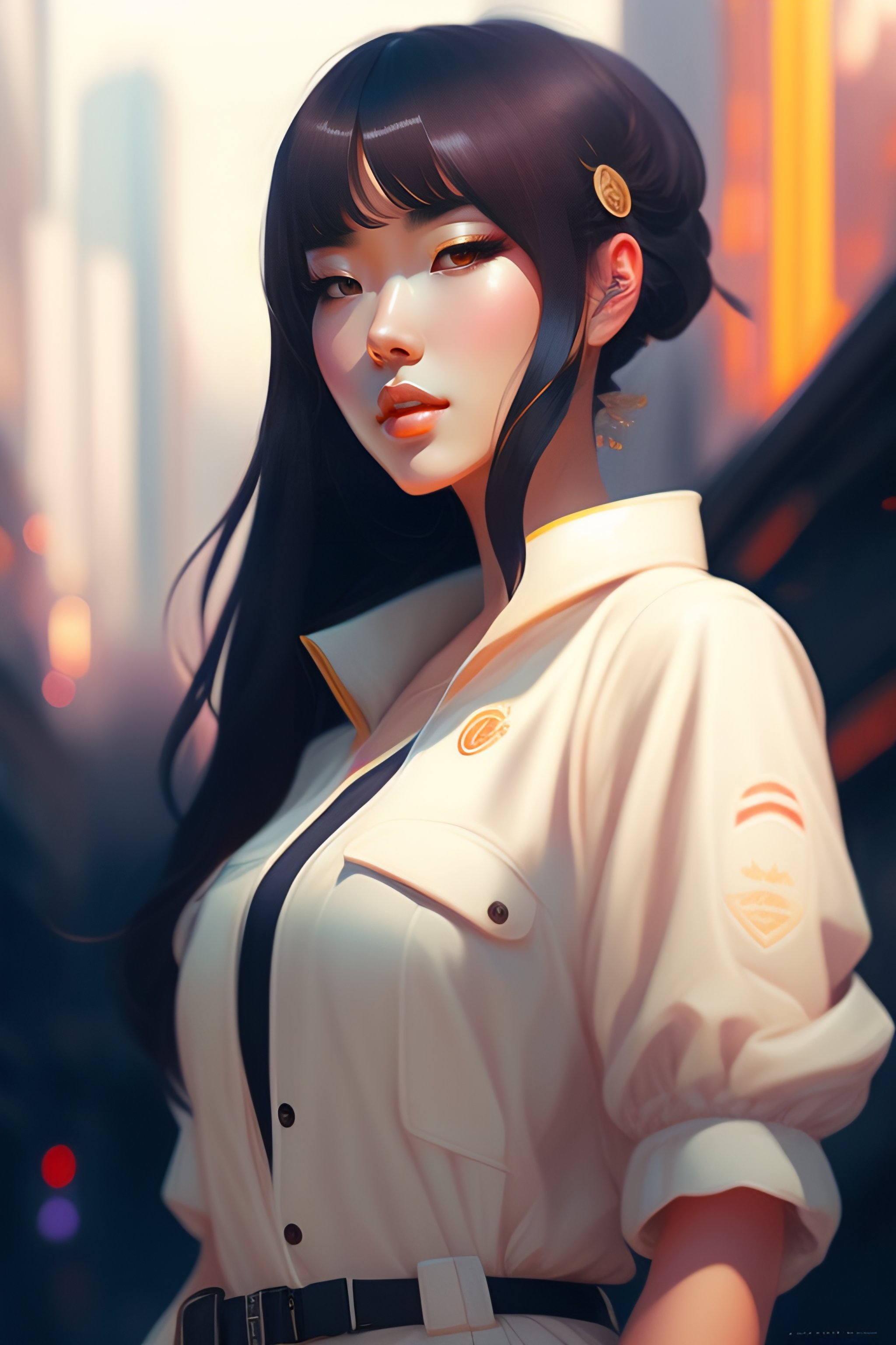 Lexica - Elegant girl in urban outfit, cute fine face, rounded eyes ...