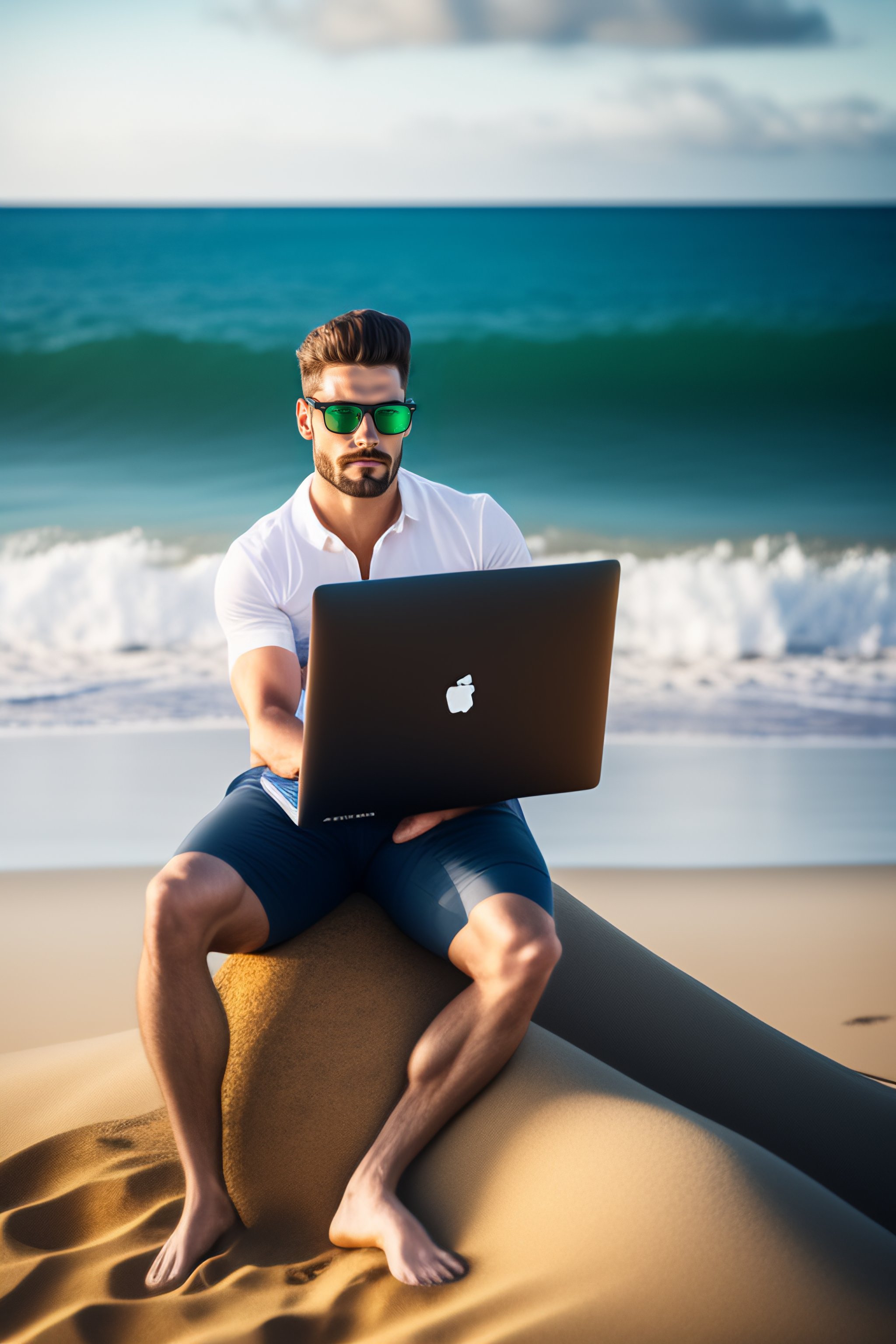 Lexica - Hyper realistic 8k photo of guy with MacBook on a beach with ...