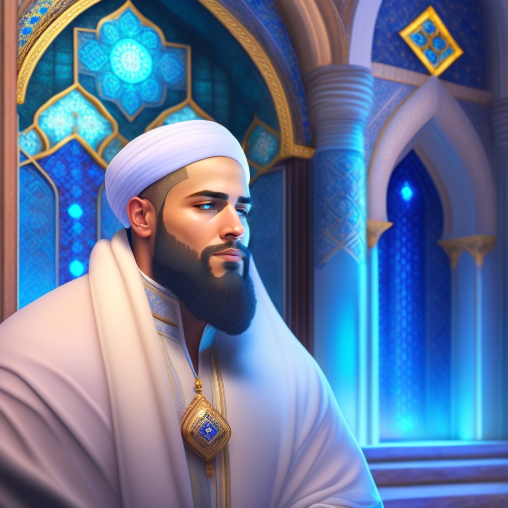 Lexica - A handsome mosque imam, aged 35, with a short beard, clad in a ...