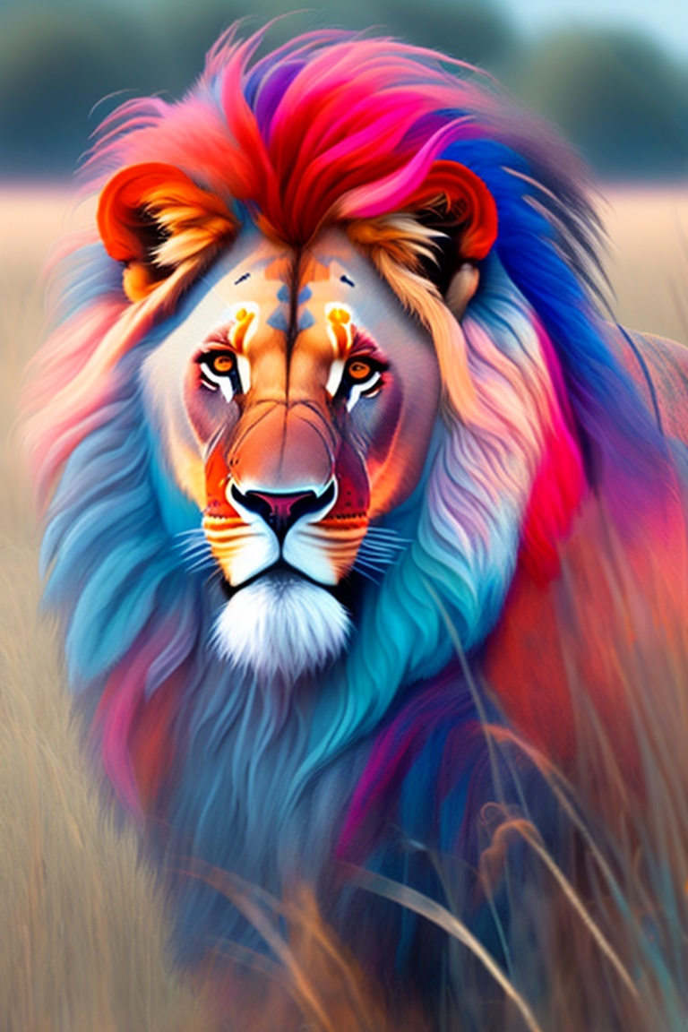 Lexica - A brightly colored lion is standing in an African plain with ...