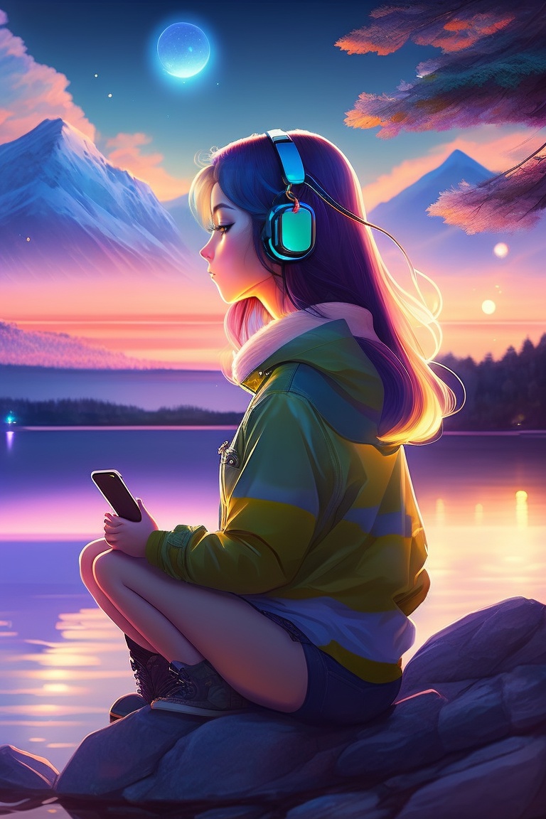 Lexica - A young lady relaxing listening to music at nightfall by a ...