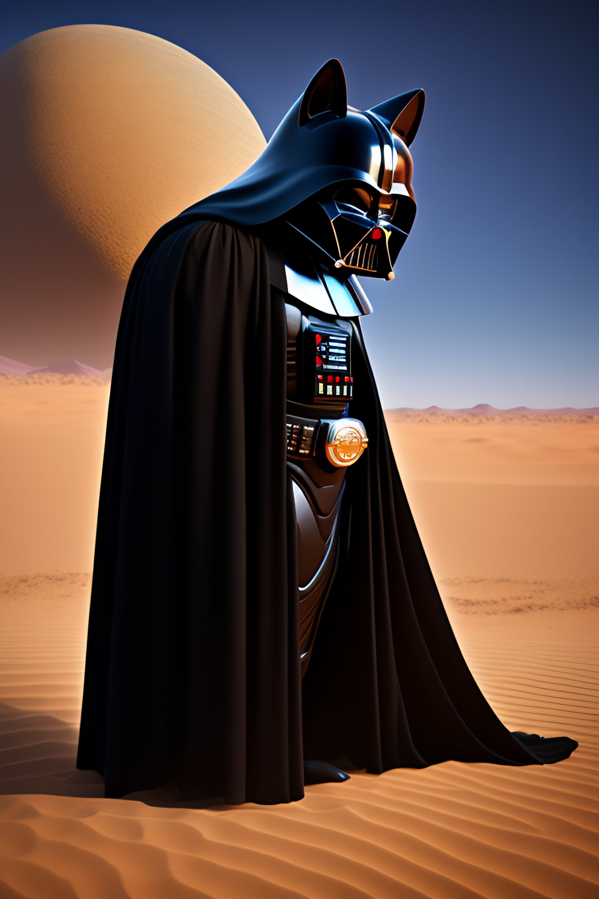 Lexica - Black cat dressed as Darth Vader on Tatooine, desert world ...