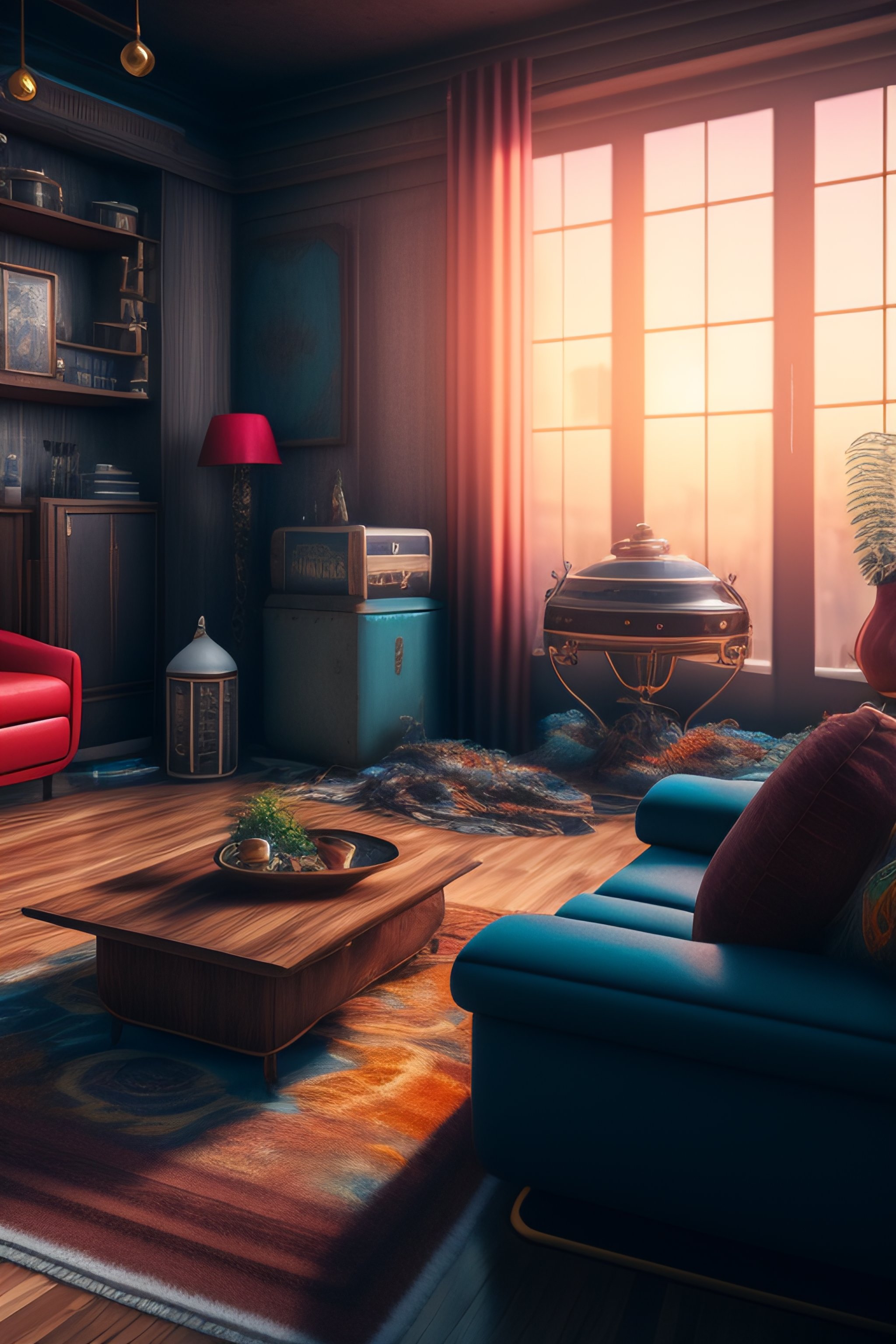 Lexica - Highly detailed interior shot of a messy vintage living room ...