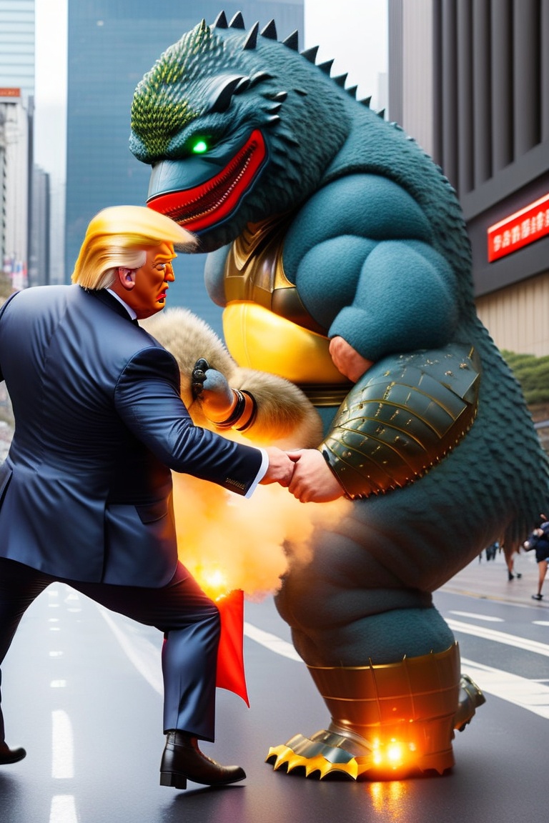 Lexica - Donald trump fighting Godzilla in the streets of tokyo, Donald ...
