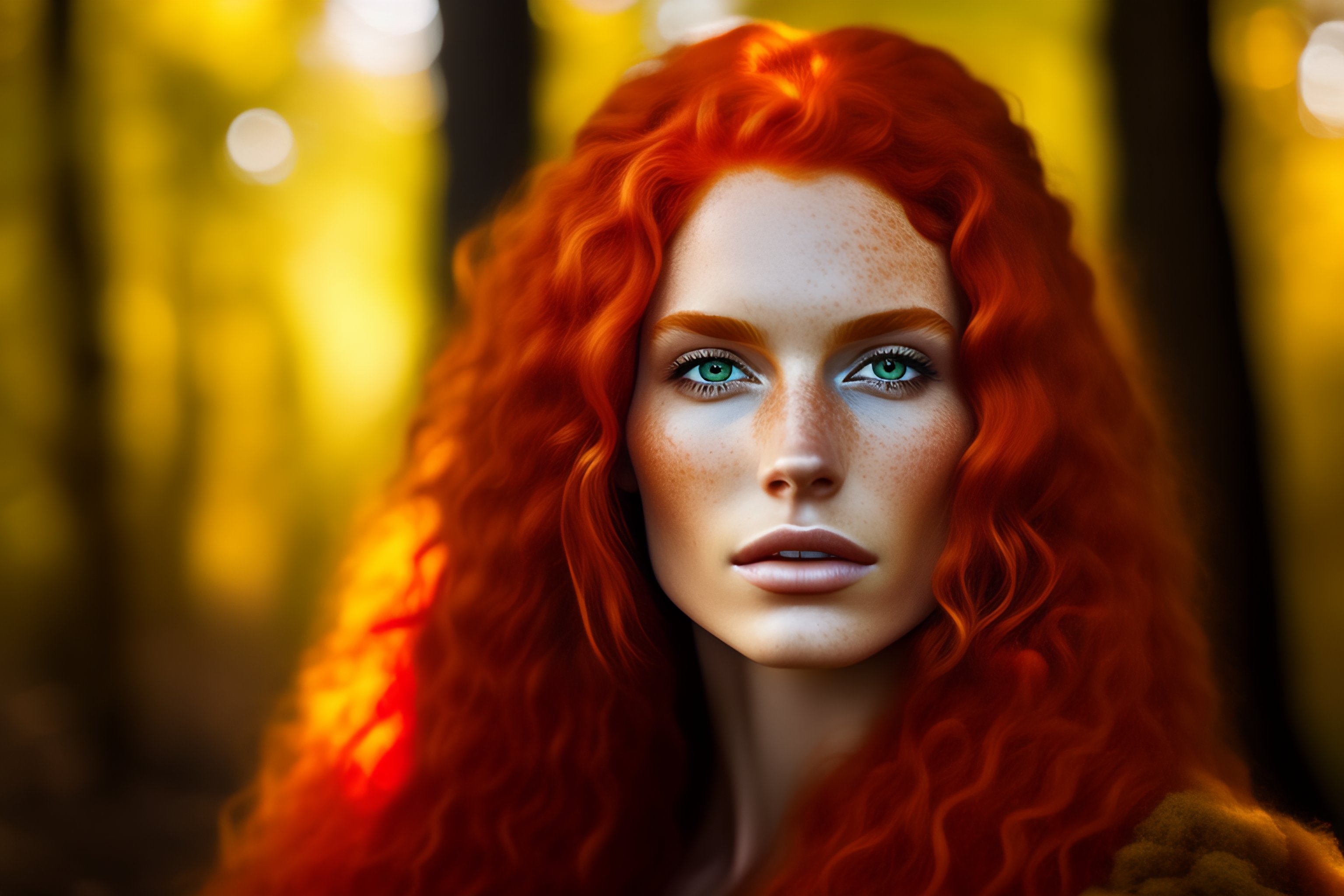 Lexica Redhead Wild Hair Orange Eyes Freckles Forest Woman