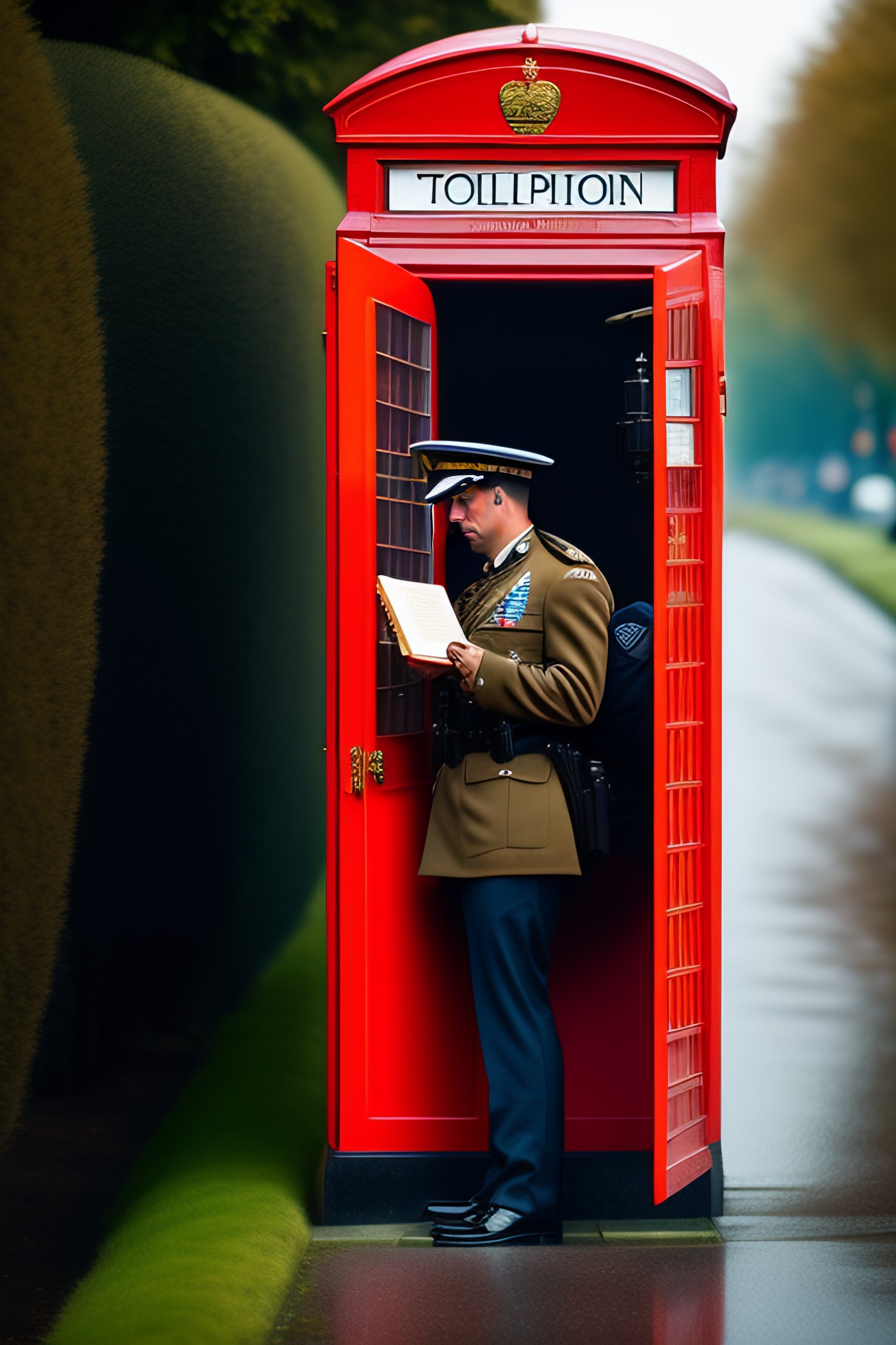 Lexica - British policeman reading a book in a telephone box