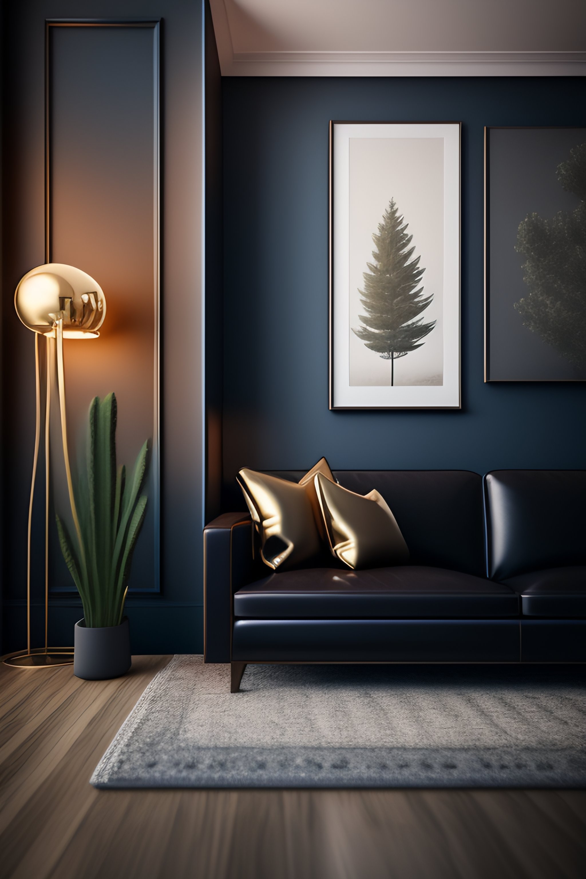 Lexica - Room with dark wall color and a leather couch, above a noble ...