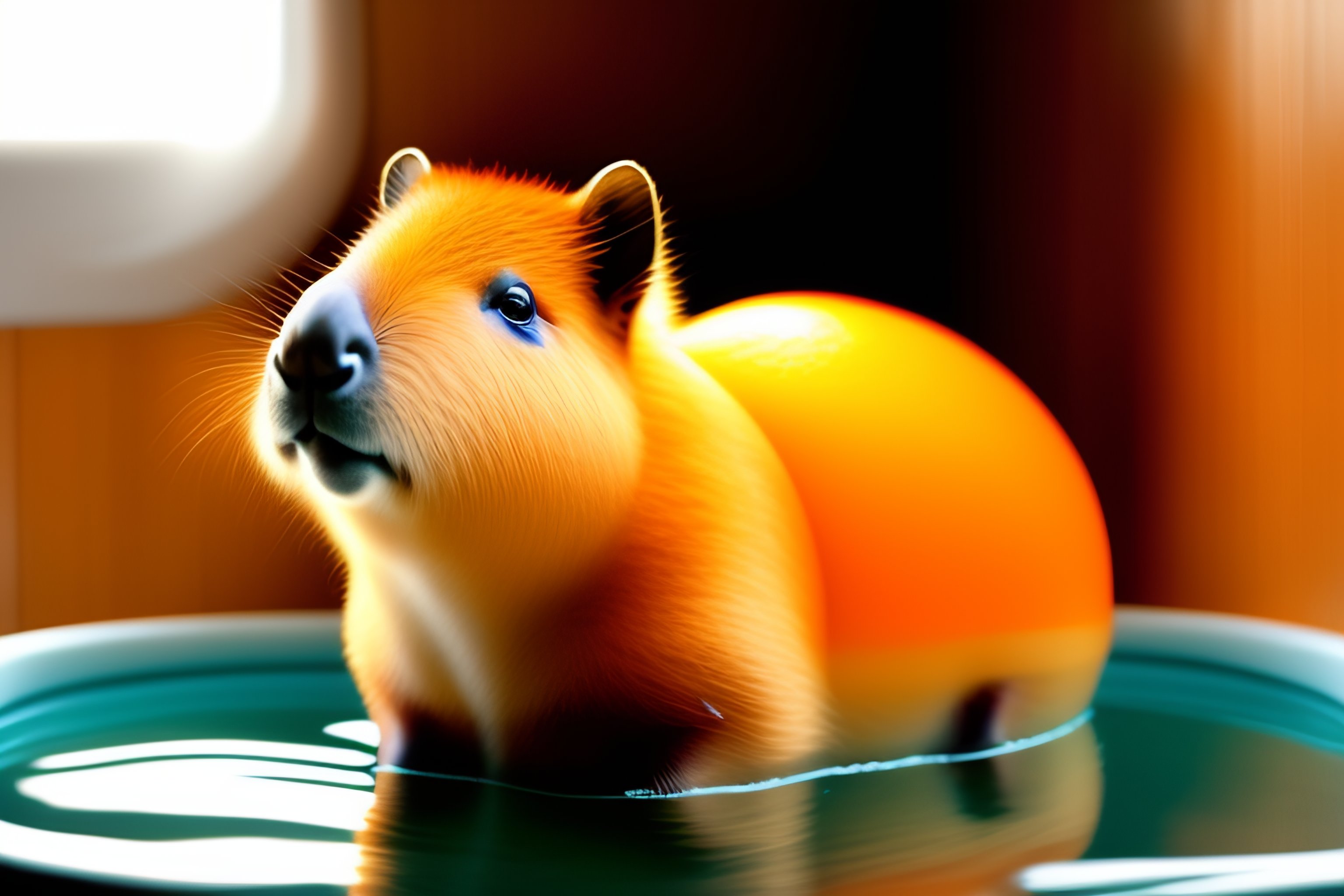 Lexica - Capybara pixel art in a wooden bathtub with an orange on its head,