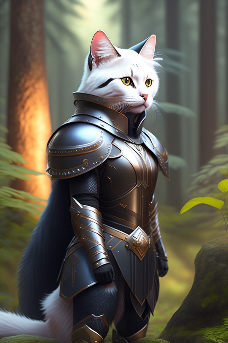 Lexica - 3d white cat, character fantasy, wearing black armor under a ...
