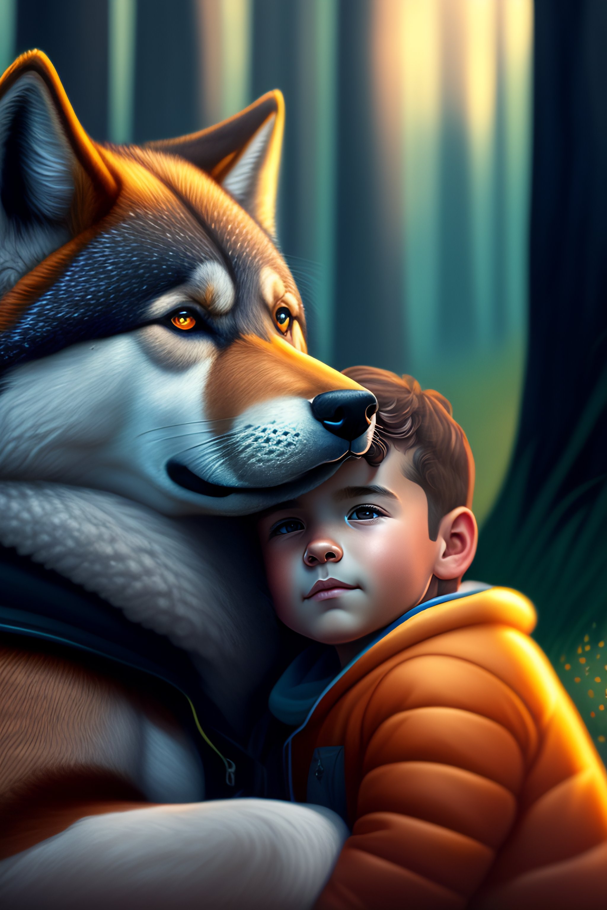 Lexica - A cinematic portrait of a little boy cuddling with a big wolf ...