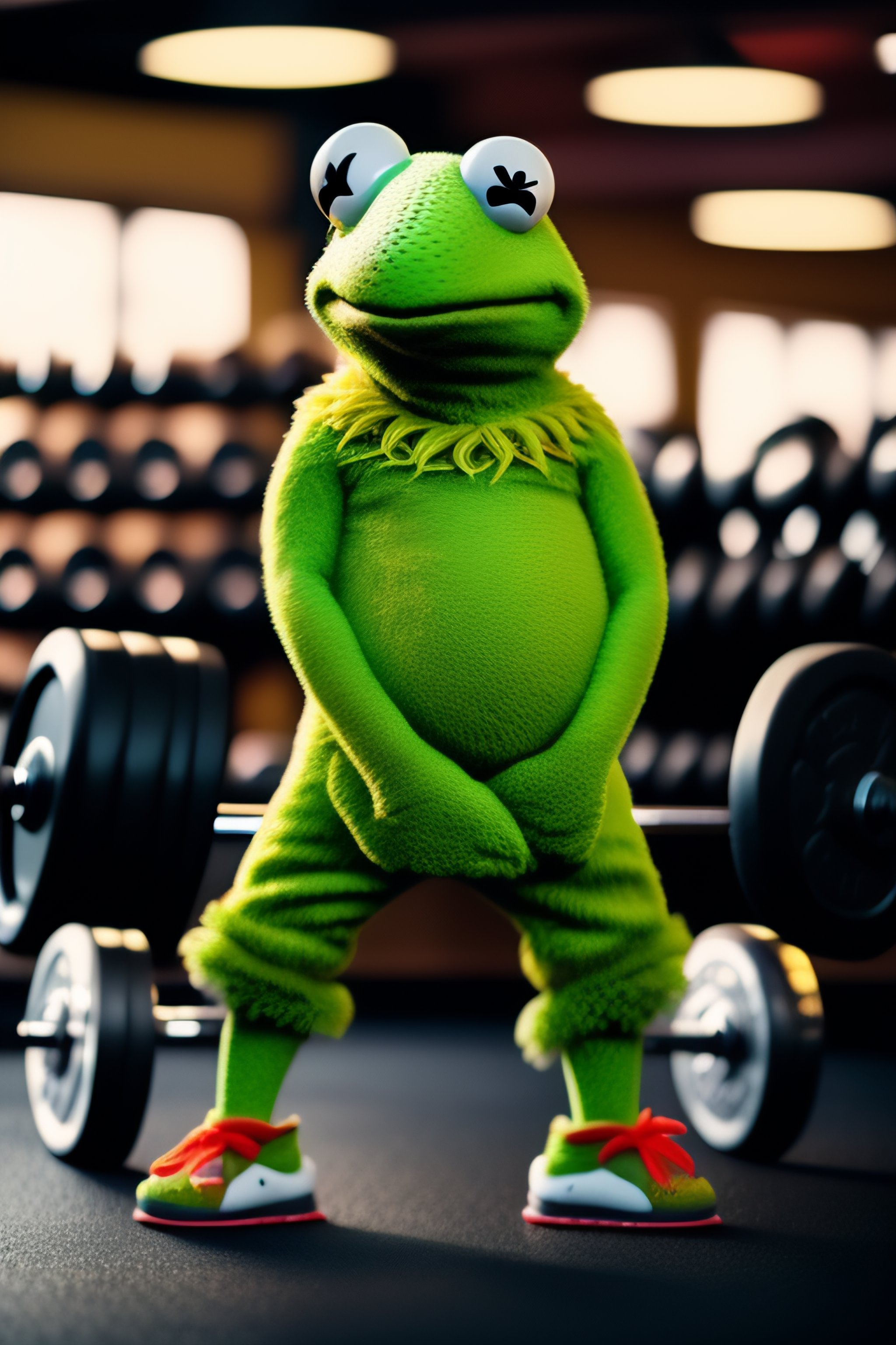 Lexica - Kermit the Frog doing deadlifts swole at a luxury gym, portra ...