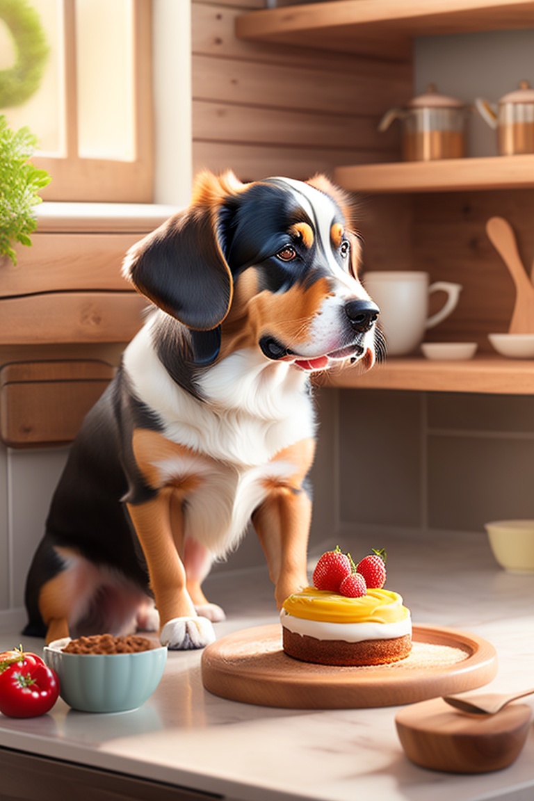 Lexica - A cute dog baking a cake in a sunny kitchen, photograpy