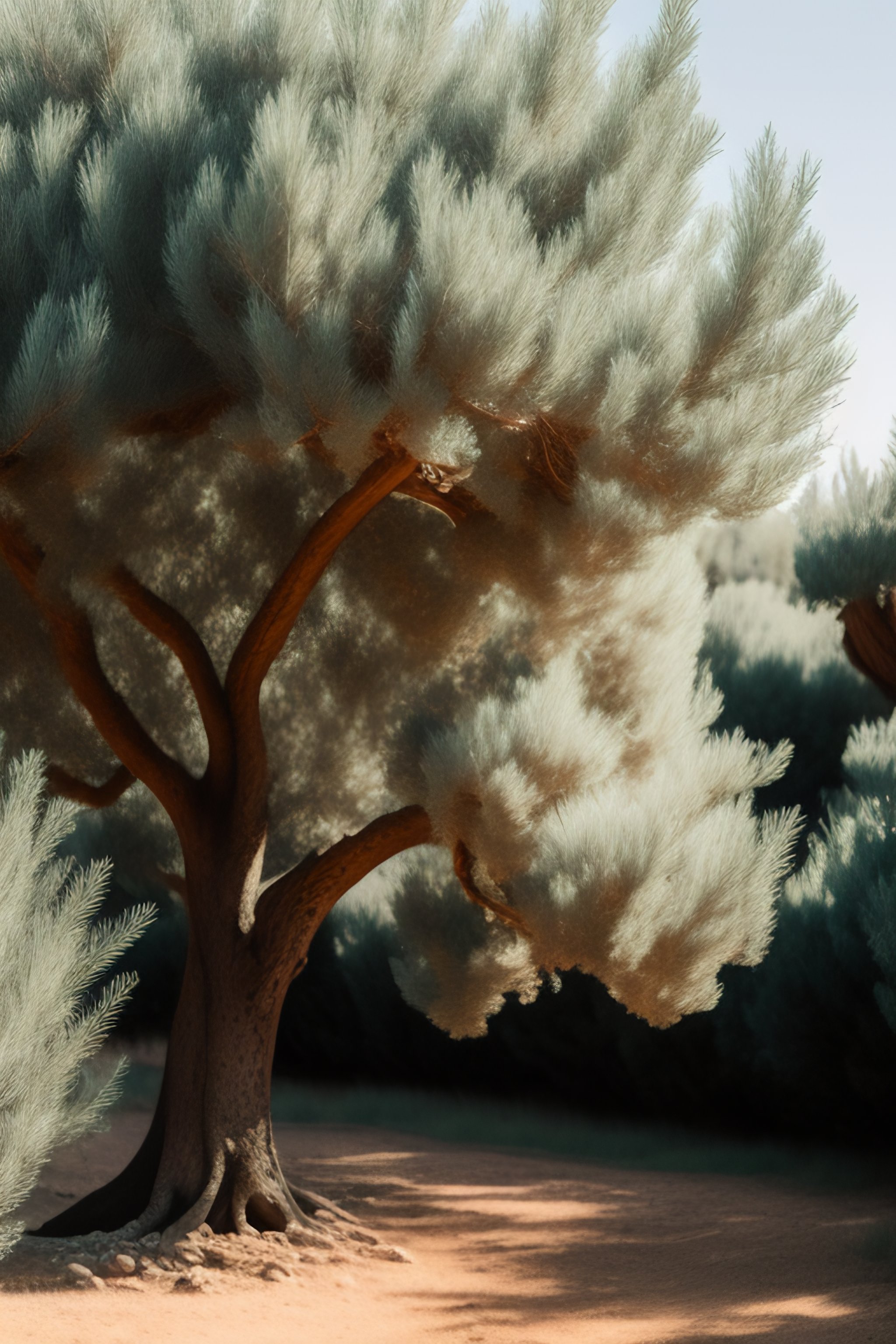 Lexica - A white linen cloth entangled in the branches of an olive tree.